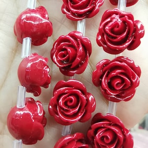 10pcs Red Coral Synthetic Rose Flower Beads ,rose Carved for Jewelry ...