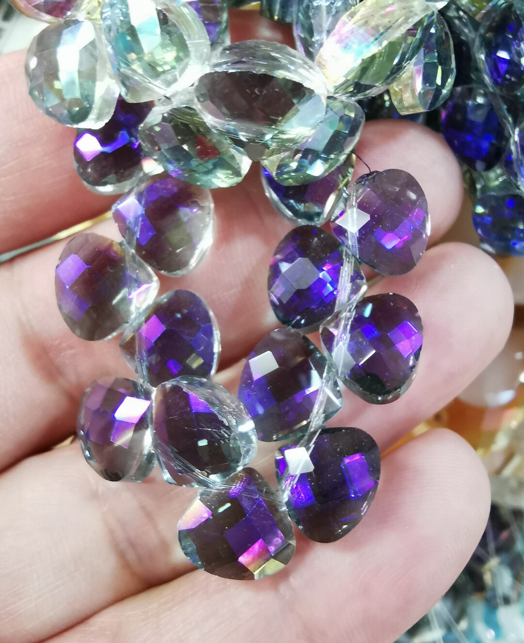 100pcs AB Mystic Violet Crystal Beads 8mm Teardrop Drop Flat Faceted ...