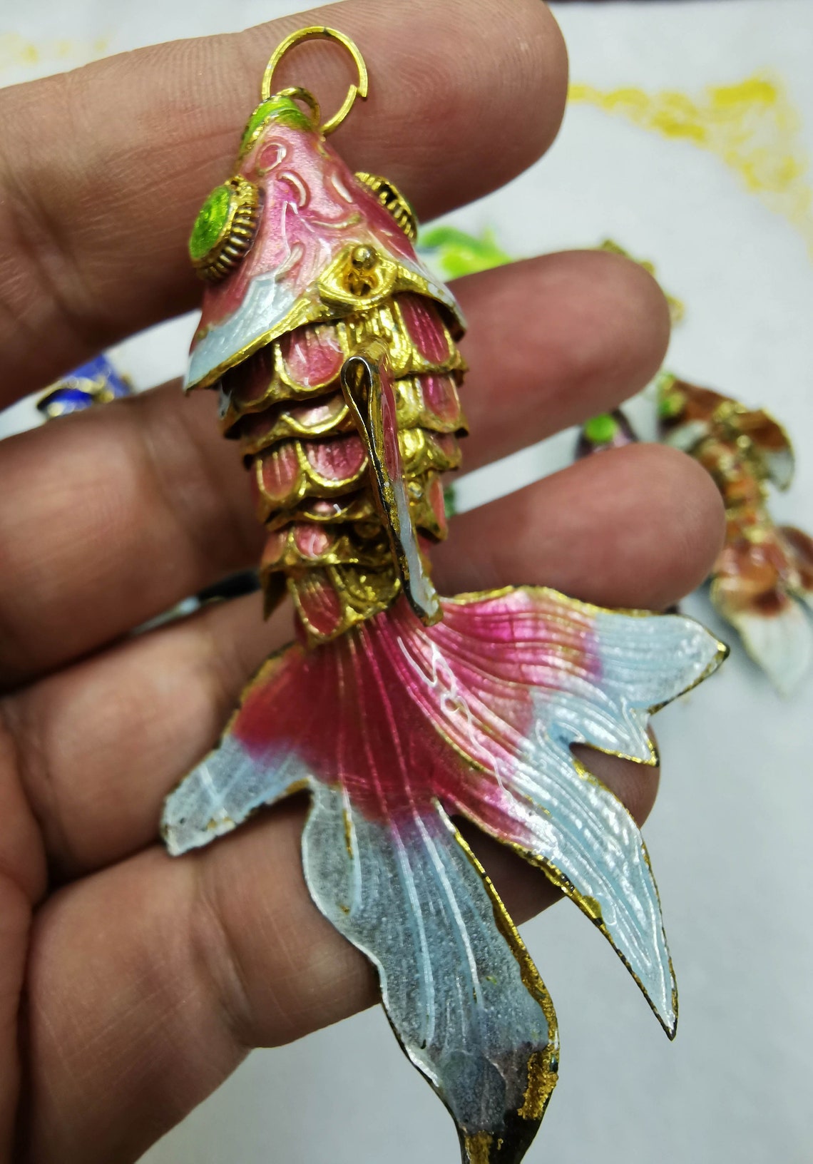 5PCS Handmade Cloisonne Articulated Fish Animal Brass Pendants-earrings ...