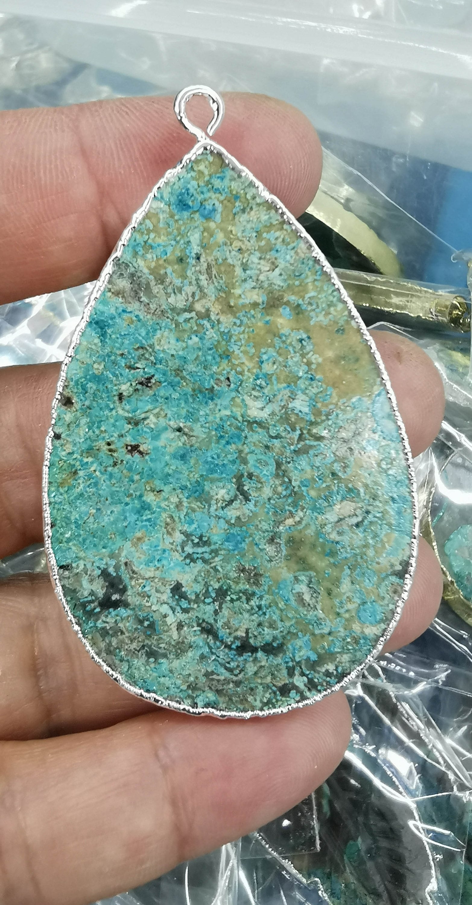 Blue Ocean Agate Pendant With 18K Gold Loops Teardrop Freeform - Etsy UK