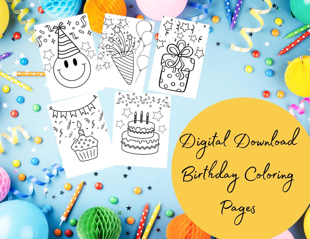 Birthday Fun Coloring Pages | Kids Birthday Party Activity | Set of 8 ...