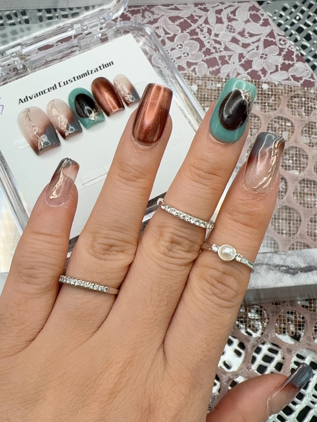 Medium Short Press on Nails, Hand Painted 3D Marble Gel Nails, Glue on ...