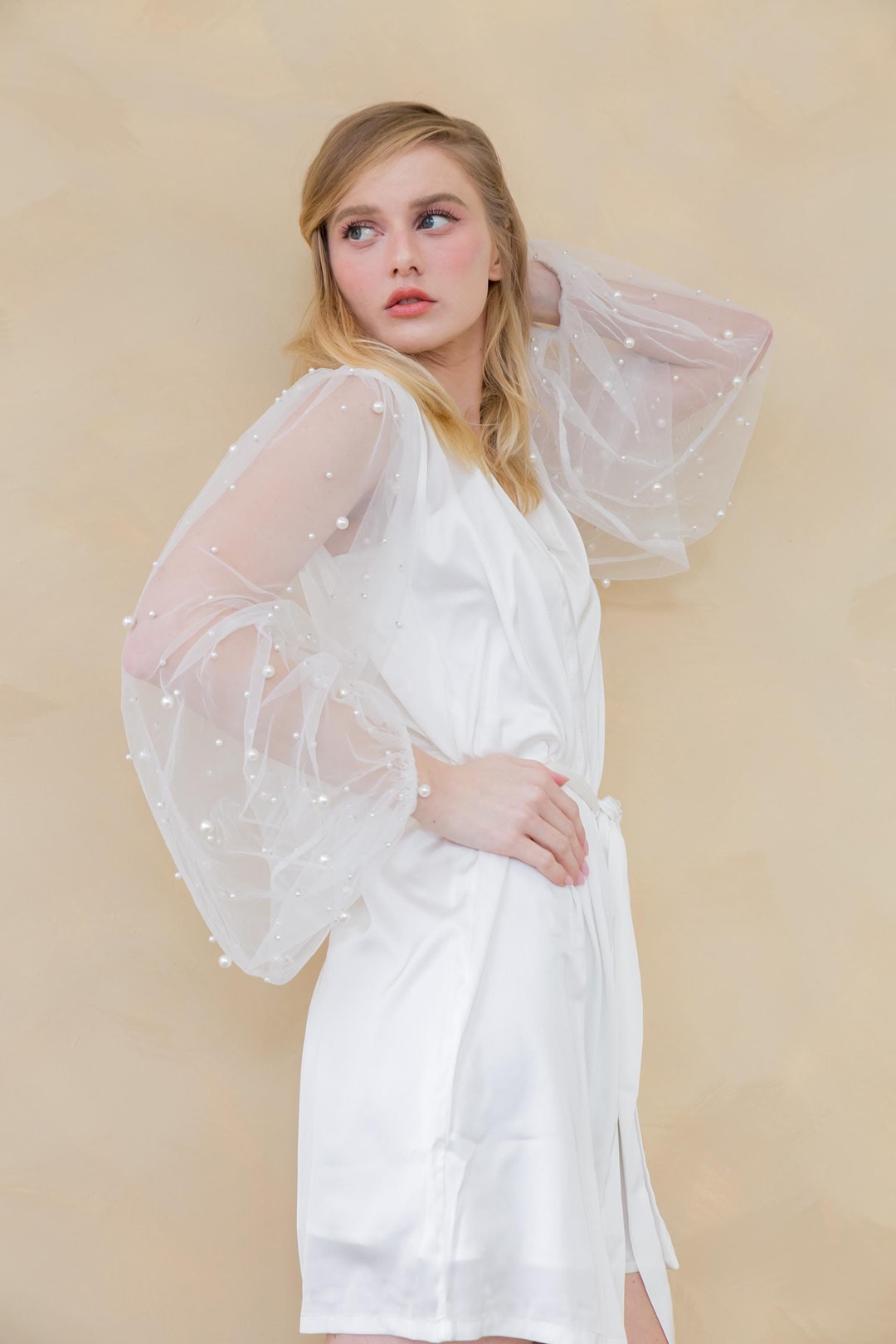 Pearl Sleeve Bridal Robe, Short Mesh Satin Robe, White Robe for Bride ...