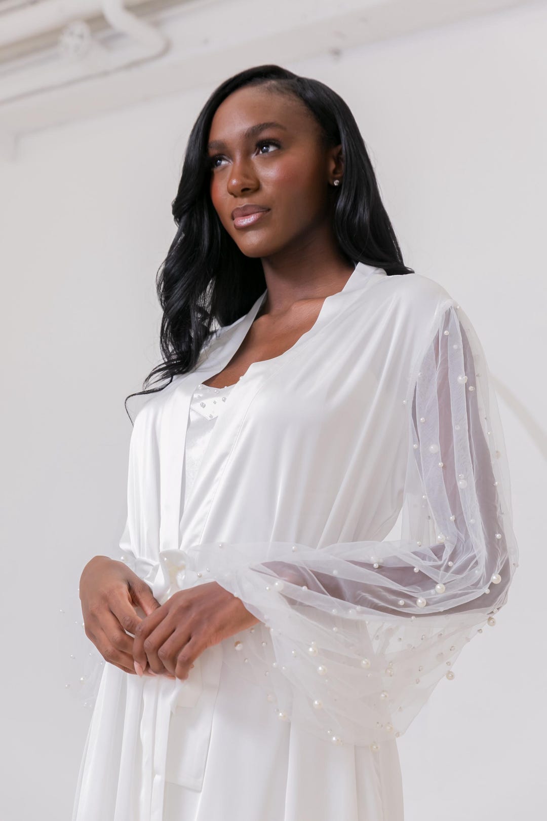 Stunning Robe With Pearl Sleeve, Long Bridal Robe, Mesh Satin Robe ...