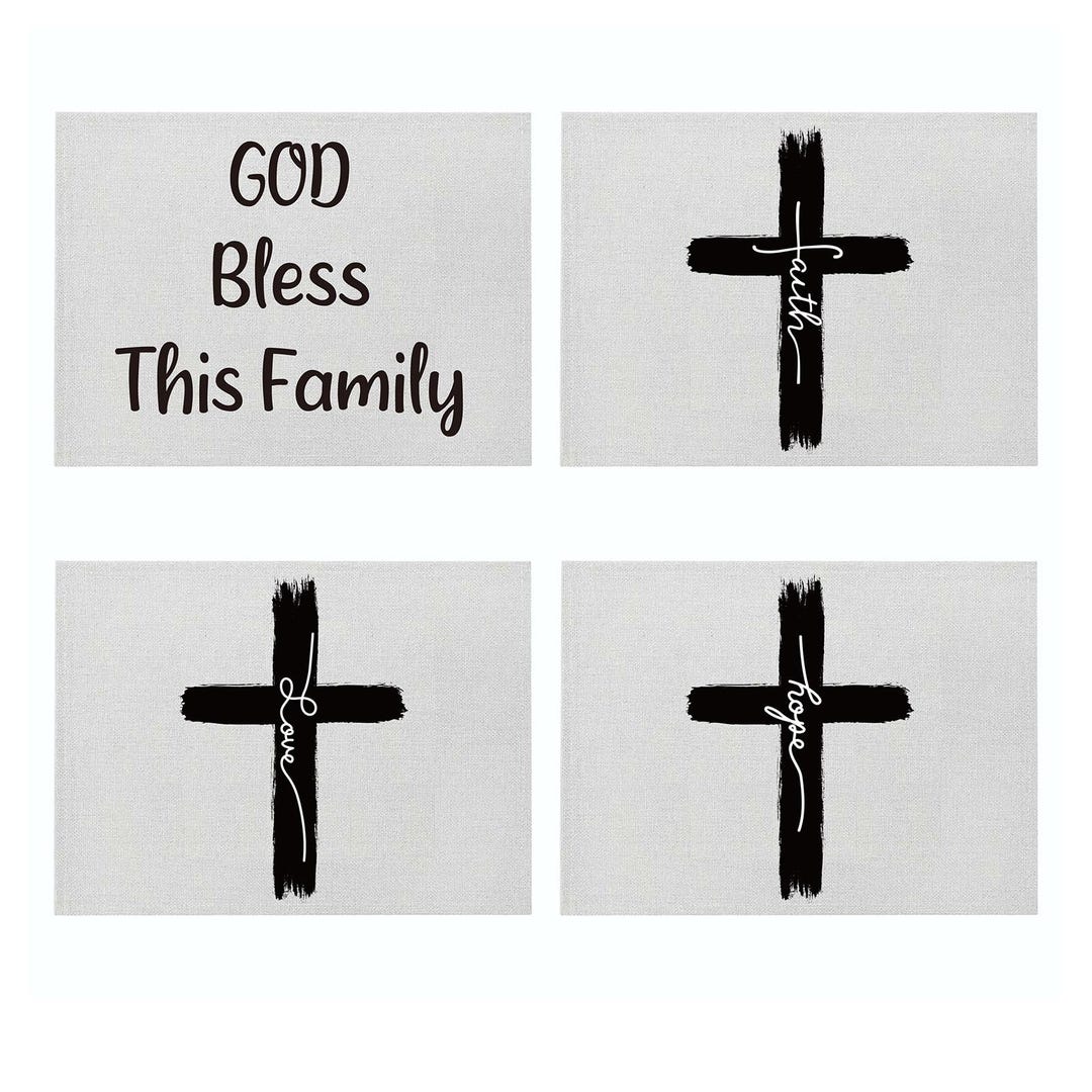 Religious Cross Table Placemats, Faith Love Hope Design, God Bless This ...