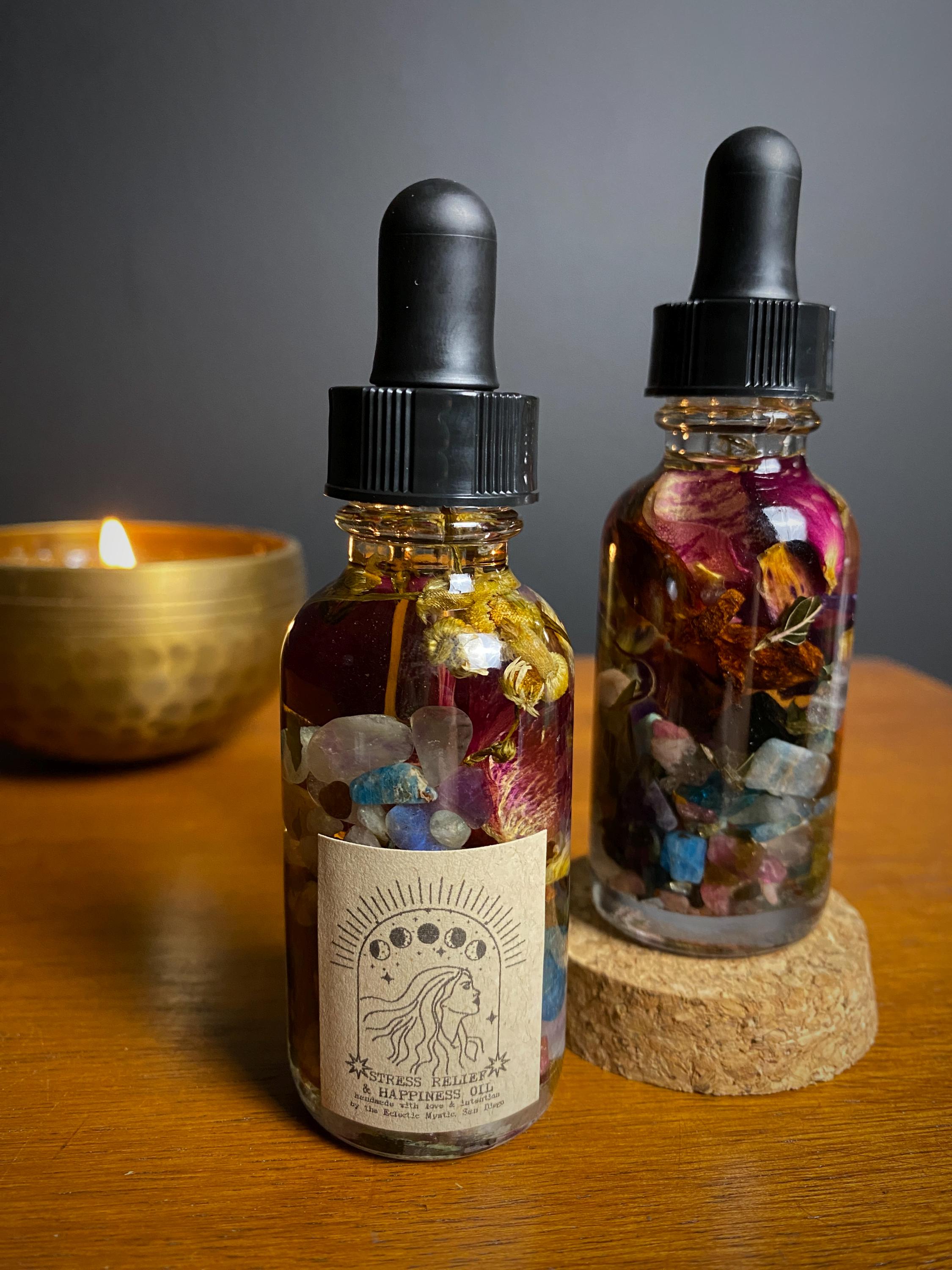 Stress Relief & Happiness Oil, Relaxing Crystal Flower and Herb Infused ...