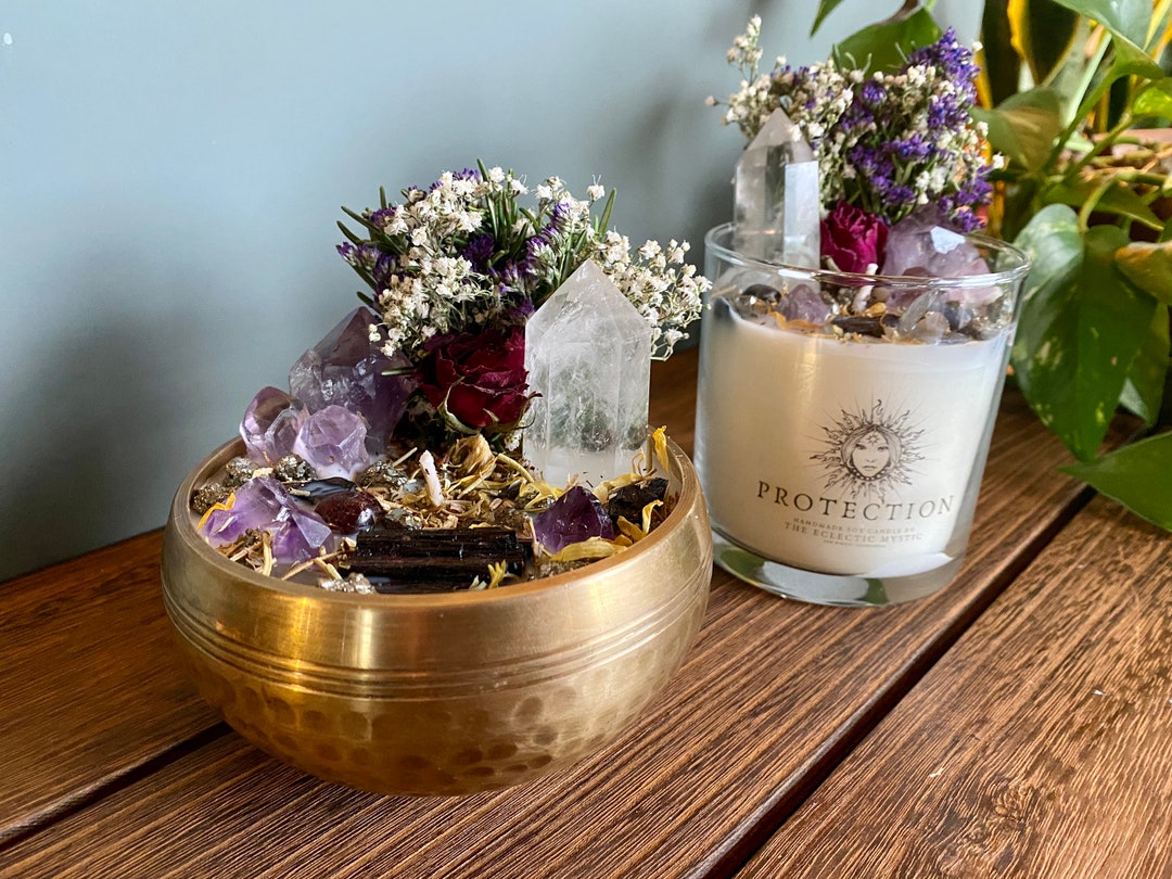 Protection Intention Candle With Crystals Flowers & Herbs- Soy Wax ...