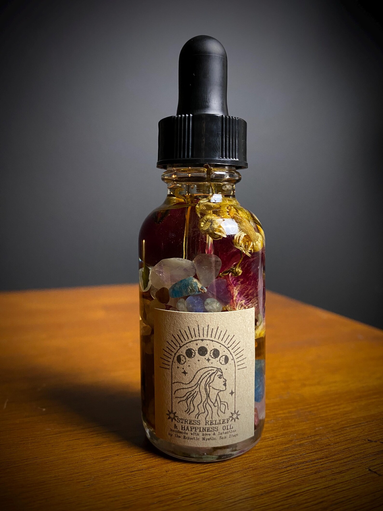 Stress Relief & Happiness Oil, Relaxing Crystal Flower and Herb Infused ...