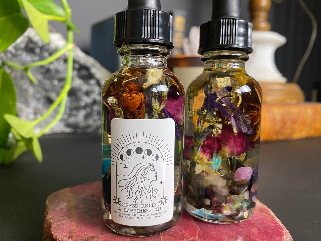 Stress Relief & Happiness Oil, Relaxing Crystal Flower and Herb Infused ...