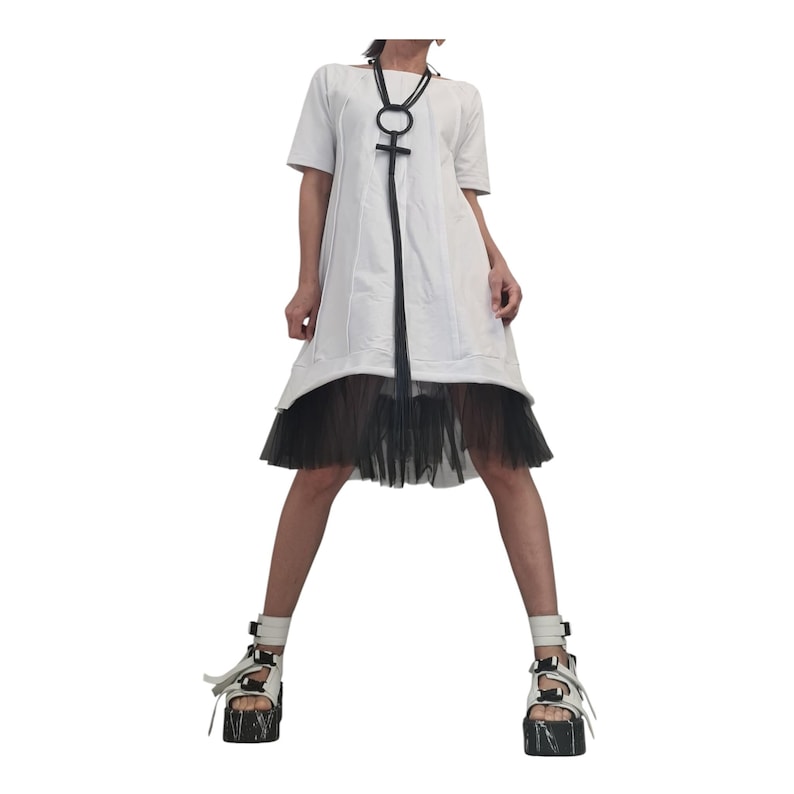 White Dress With Black Tulle Hem, Loose Fit , Plus Size Handmade Tunic ...