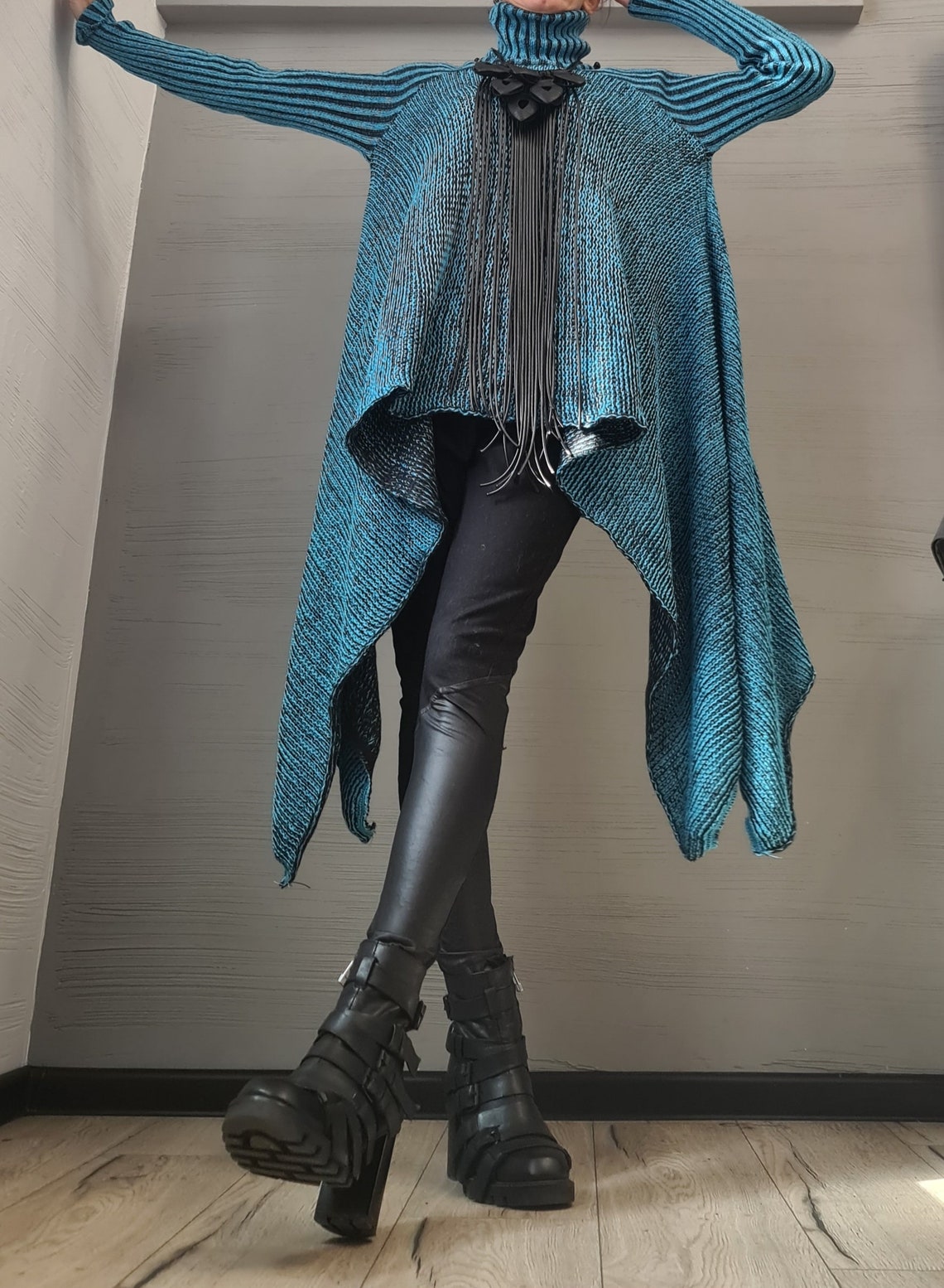 Turquoise Knitted Wool Blend Turtleneck Top, Asymmetric Blouse - Etsy