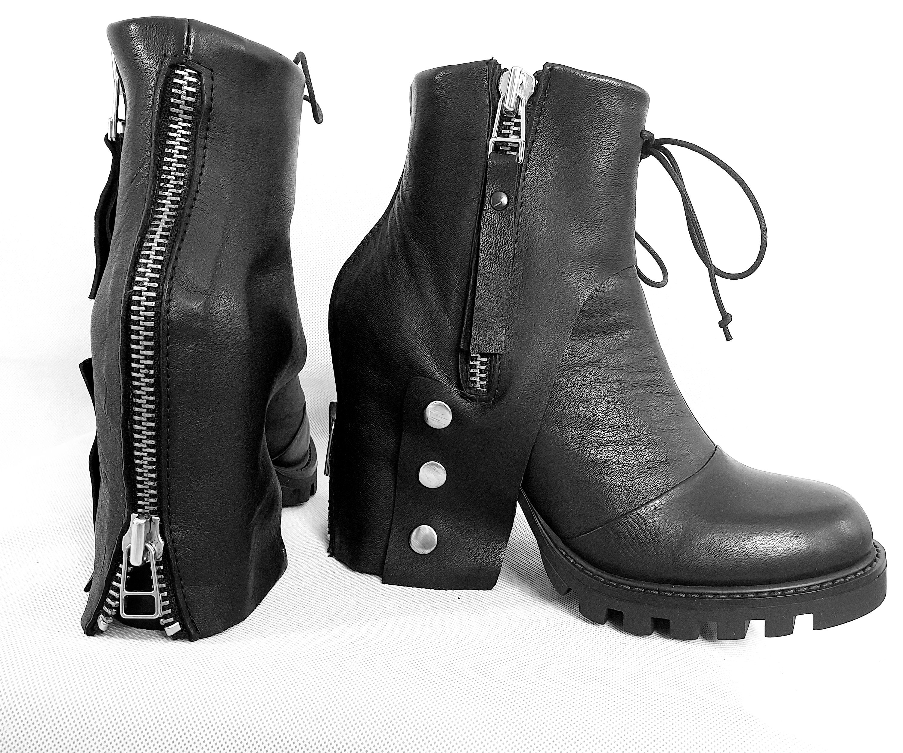 Botas extravagantes Zapatos de tacón negro Shoos de cuero | Etsy