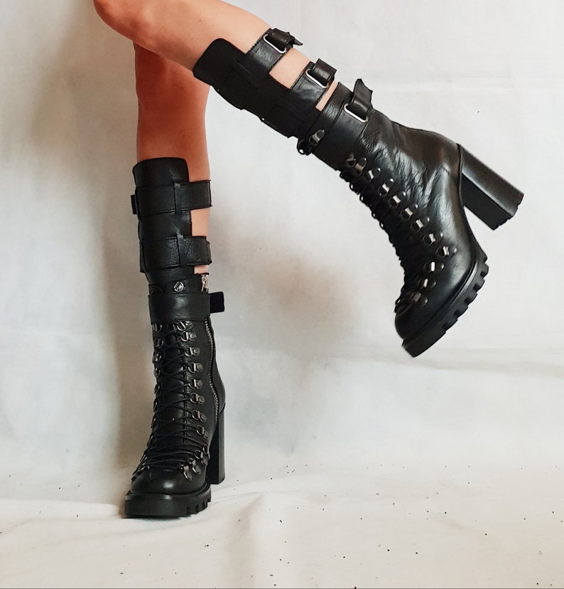 Rock Heeled Black Leather Boots Gothic Boots Strappy Boots | Etsy