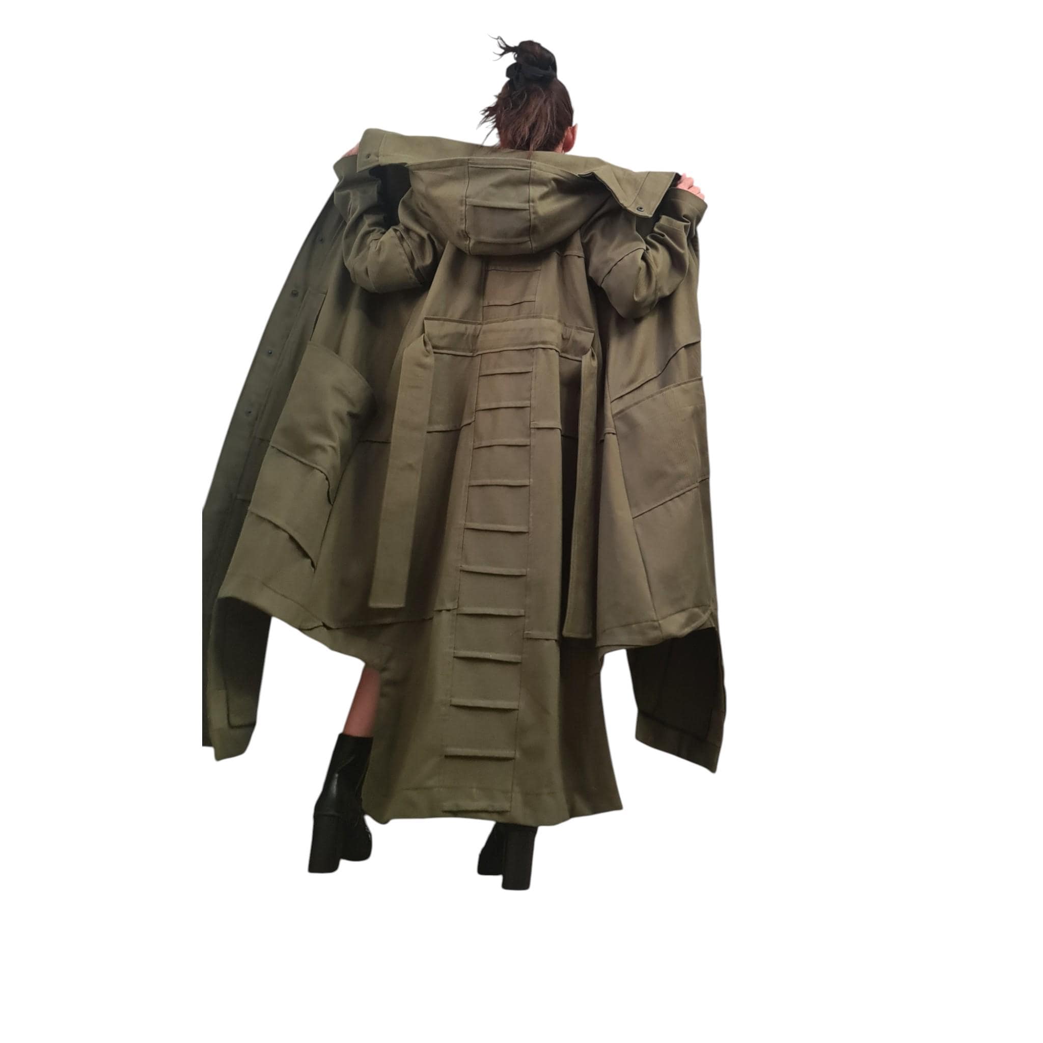 Military Green Denim Hooded Trench Coat, Asymmetrical Avant Garde ...