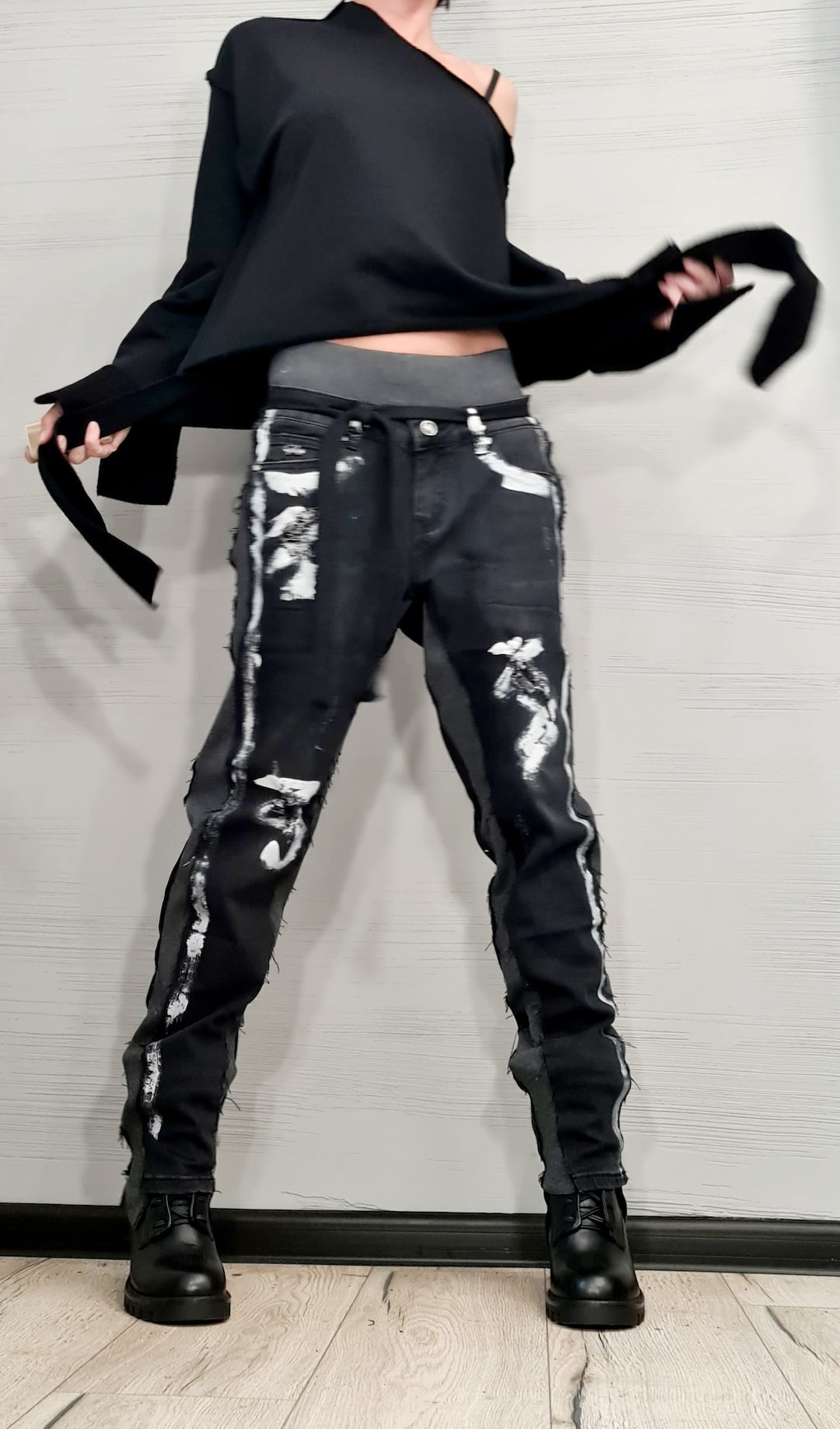 Pantalon en denim extravagant, sarouel en denim décontracté, pantalon ...