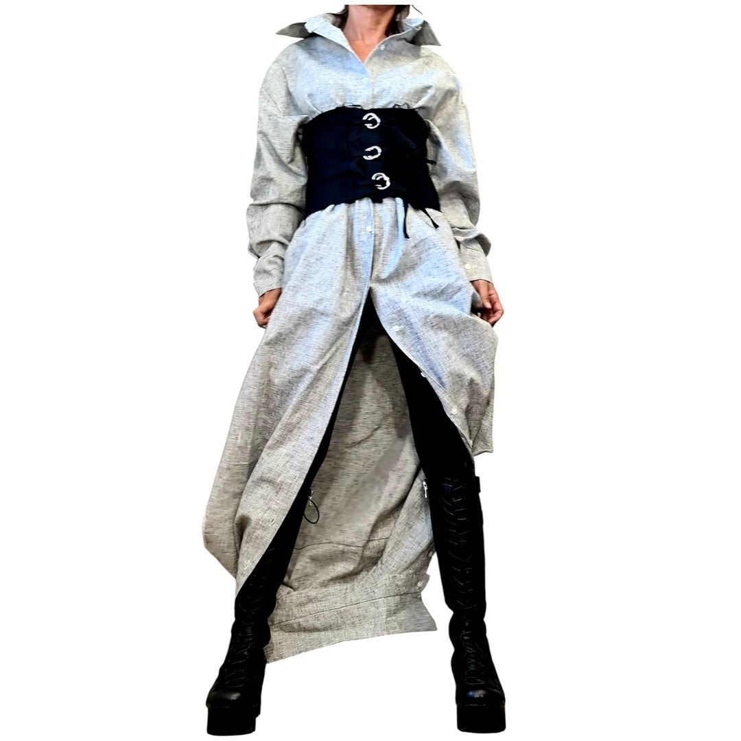 Grey Linen Tunic With Corset, Transformable Shirt Dress, Asymmetric ...