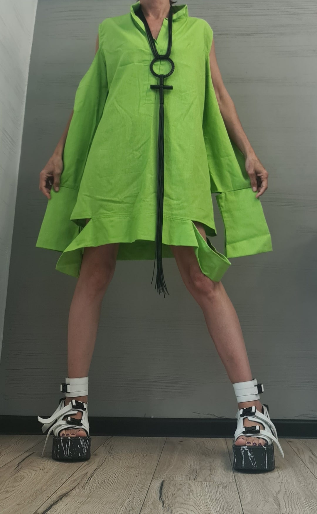Apple Green Linen Dress, Extravagant Tunic Dress, Avant Garde Dress ...