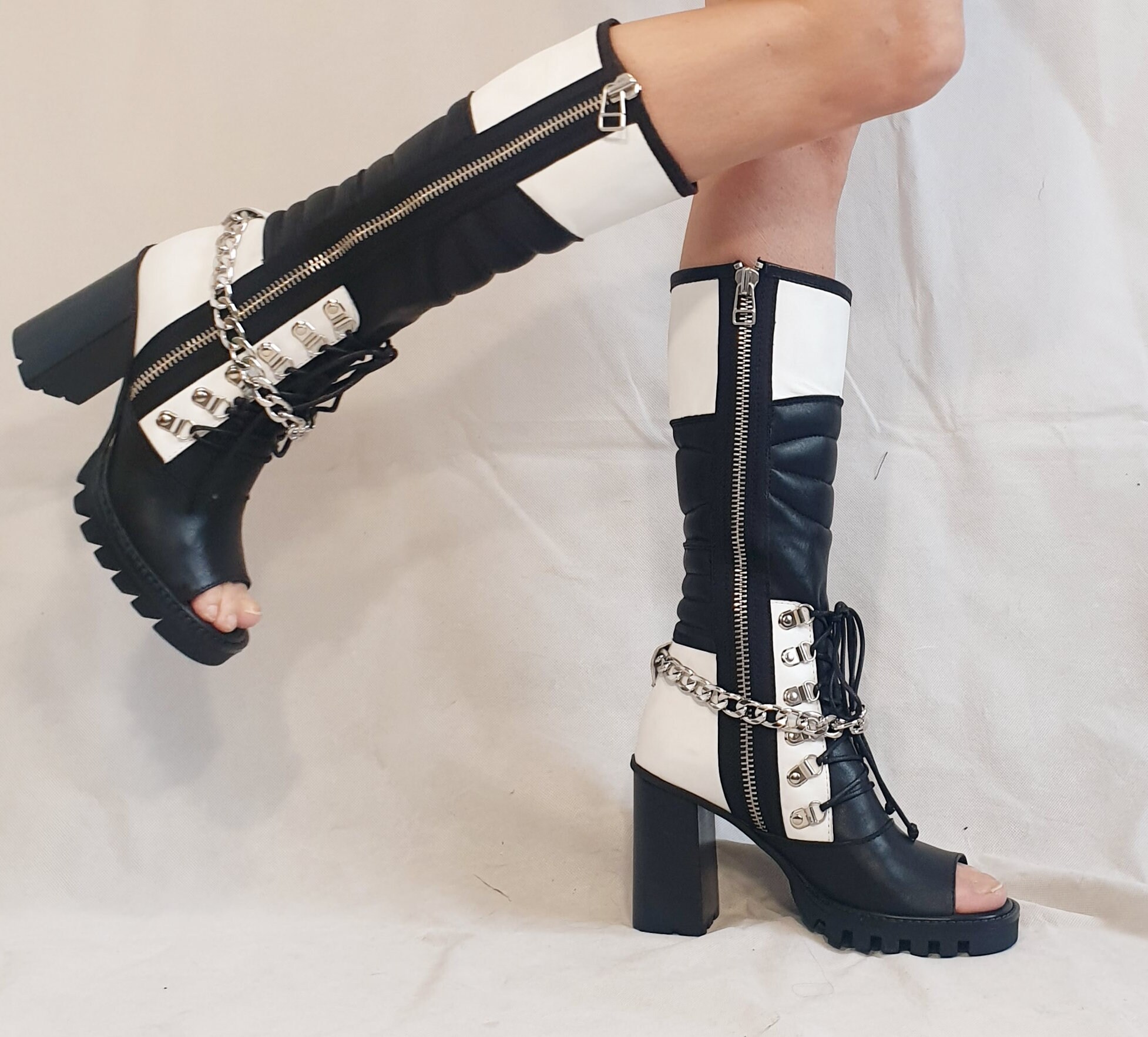 Rock Heeled Black White Leather Boots Gothic Boots Gladiator - Etsy