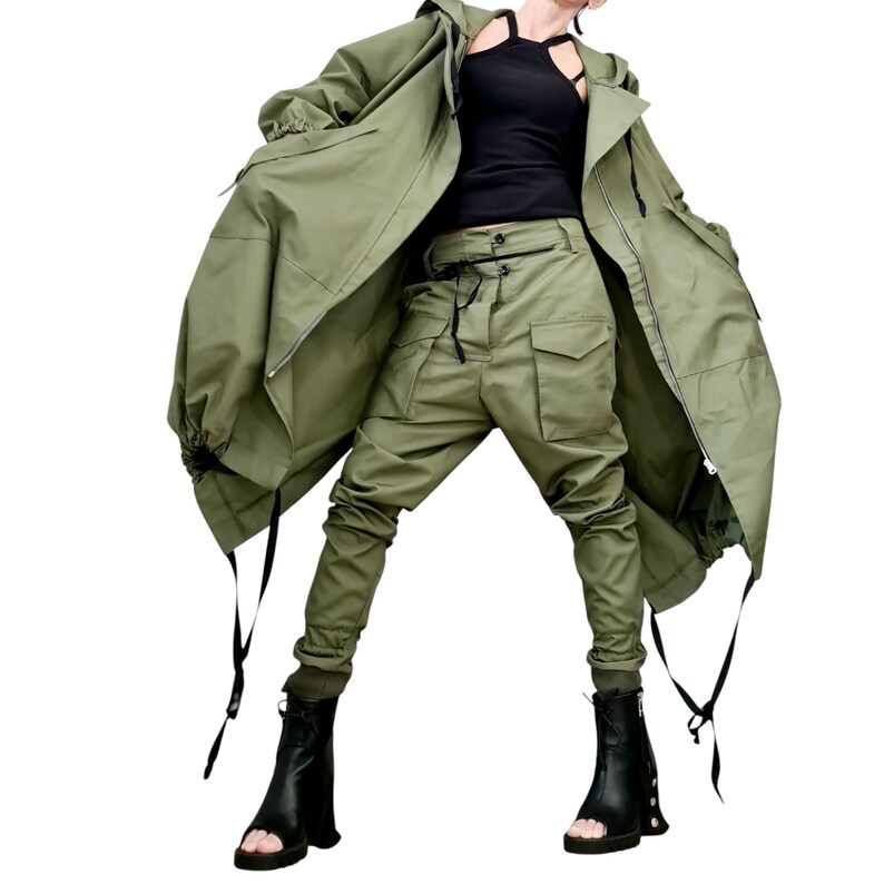 Military Trench Coat Set, Avantgarde Cargo Pants and Hooded Jacket ...
