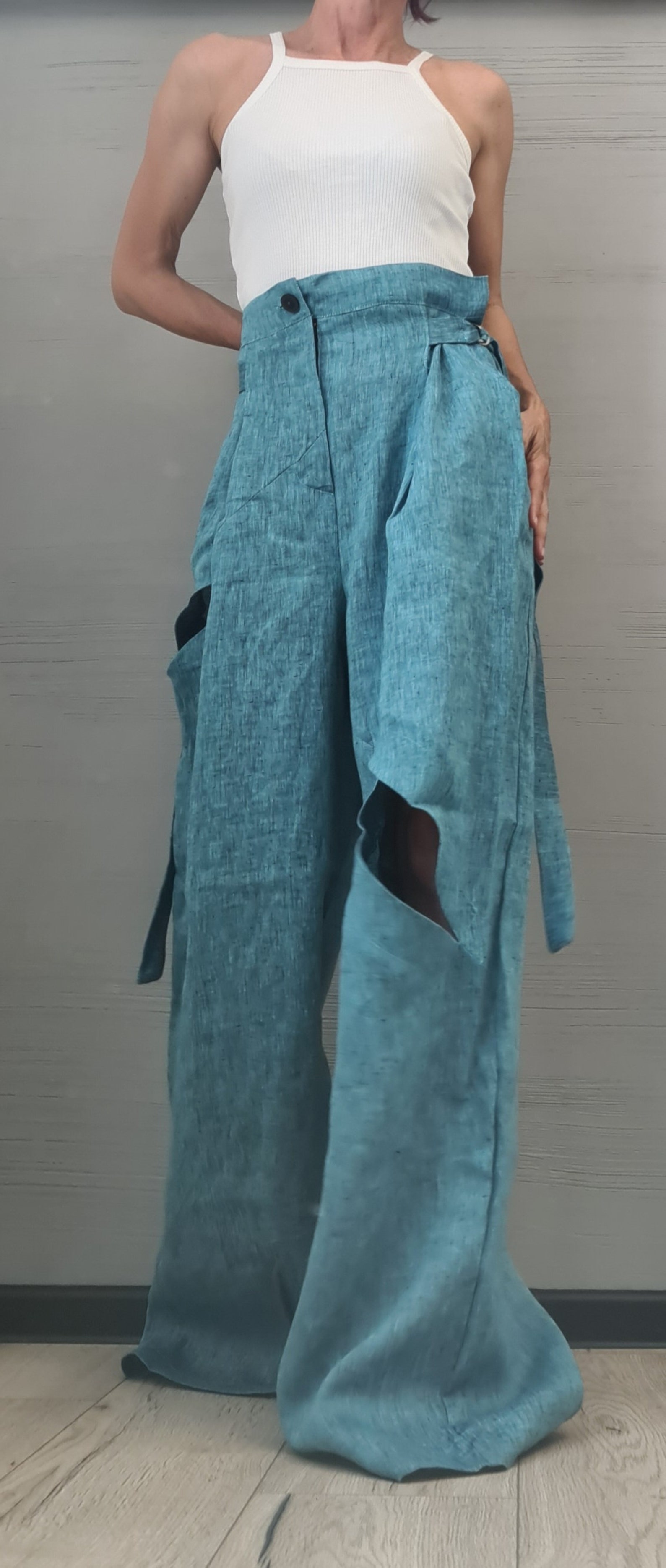New Collection Turquoise Blue Lenin Extravagant Pants Harem - Etsy