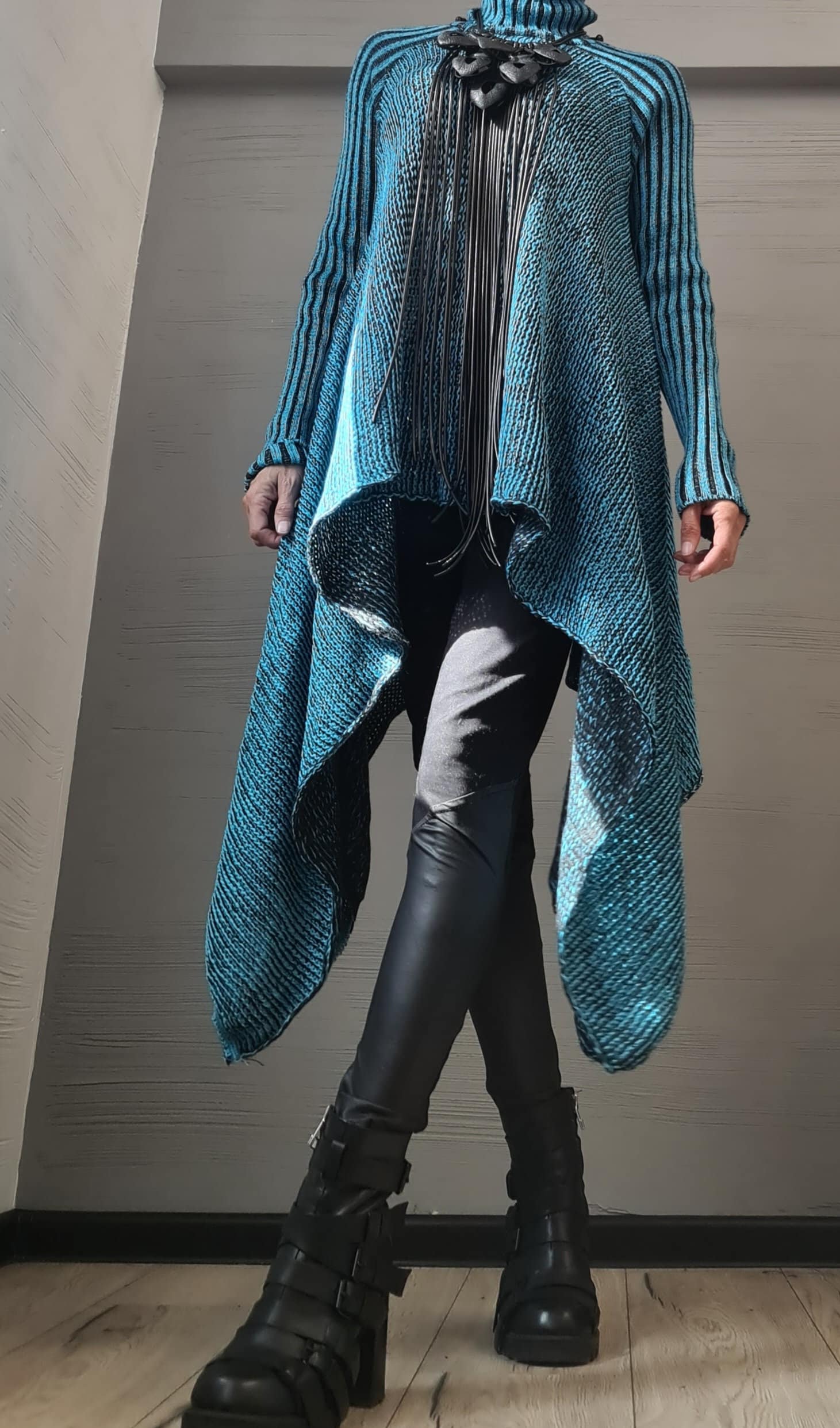 Turquoise Knitted Wool Blend Turtleneck Top, Asymmetric Blouse - Etsy