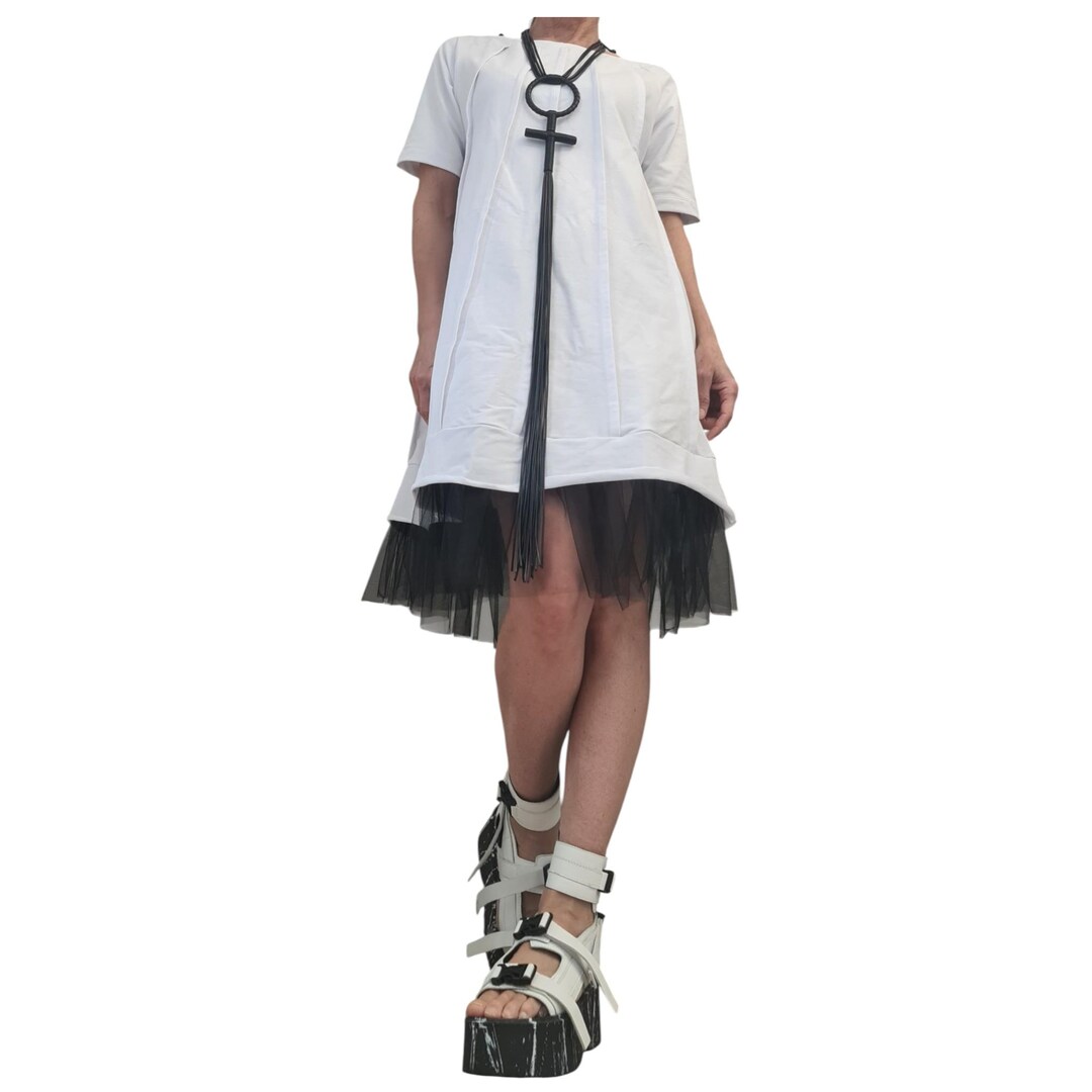 White Dress With Black Tulle Hem, Loose Fit , Plus Size Handmade Tunic ...