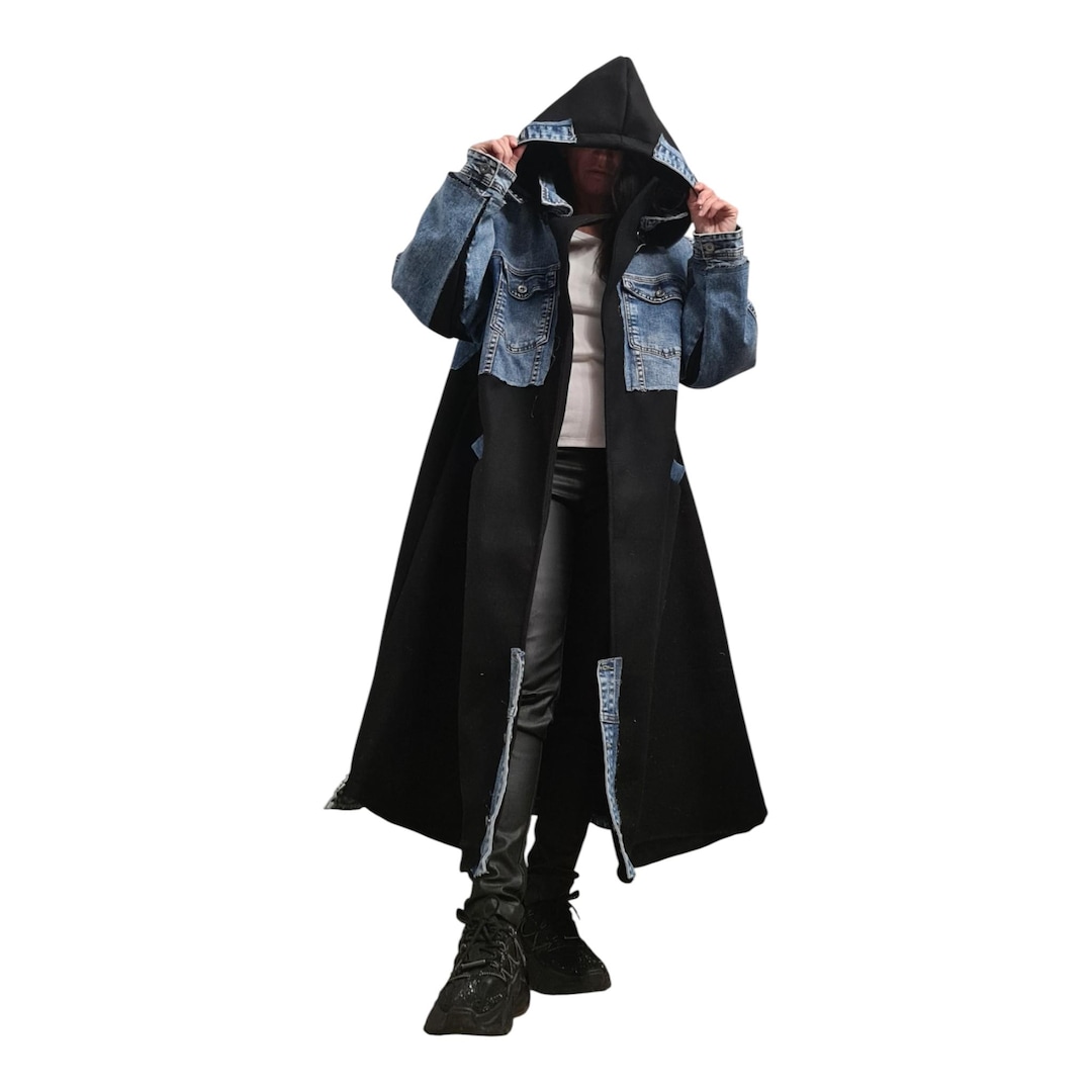 Avant Garde Denim & Wool Coat, Handmade Oversized Hooded Trench ...