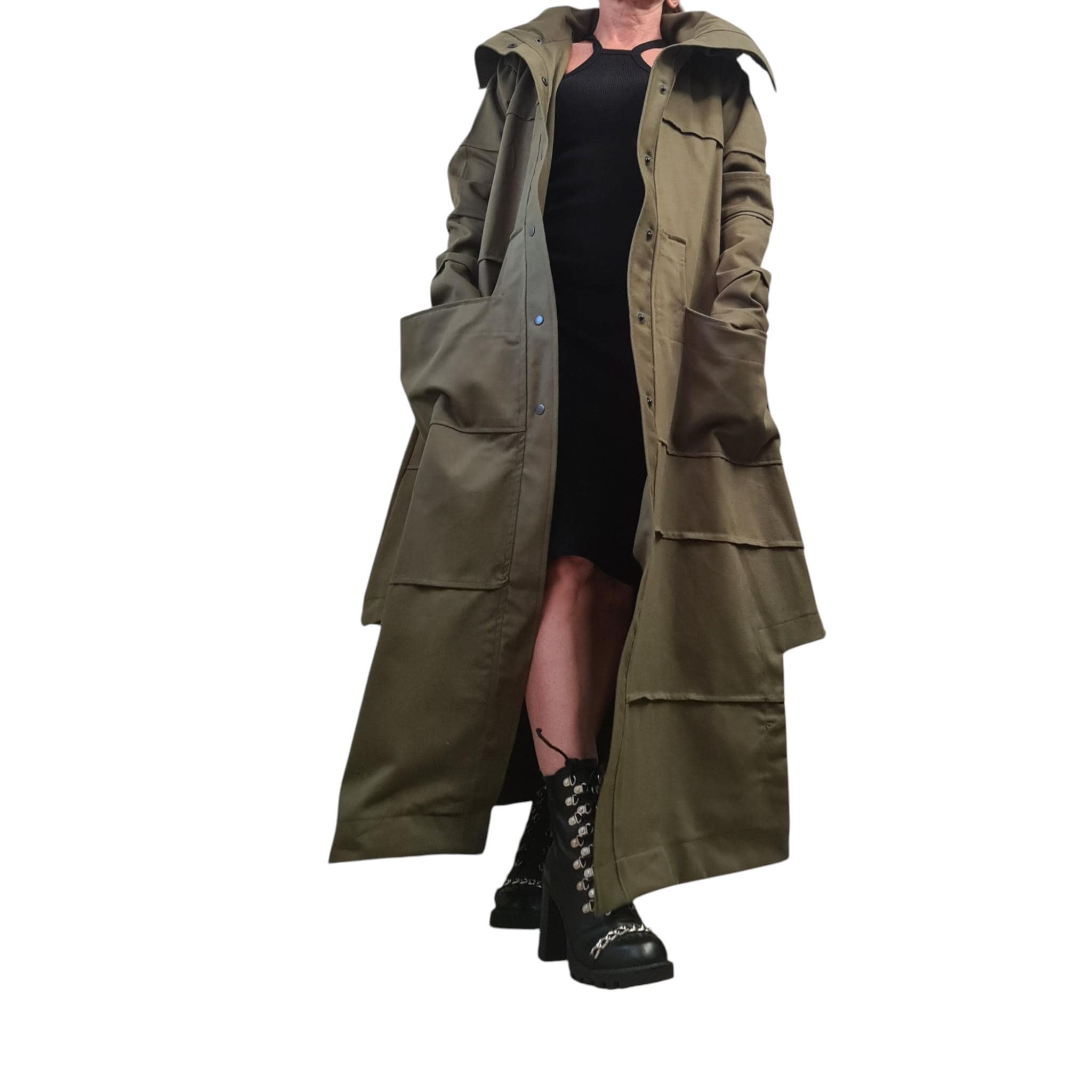 Military Green Denim Hooded Trench Coat, Asymmetrical Avant Garde ...