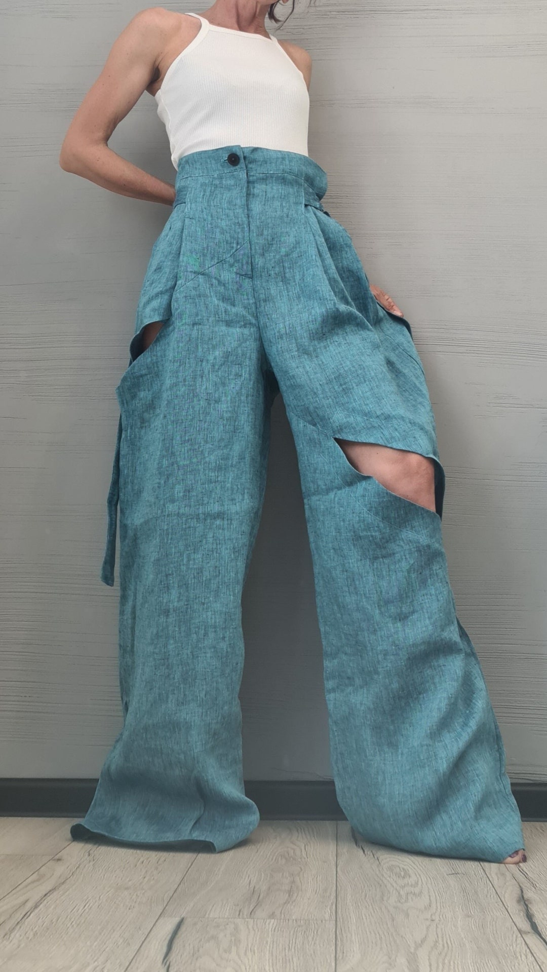 New Collection Turquoise Blue Lenin Extravagant Pants, Harem Casual ...