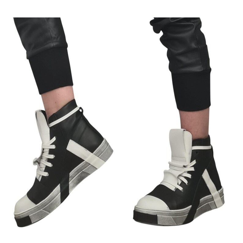 Black White Leather High Top Sneakers, Lace up Platform Shoes, Handmade ...