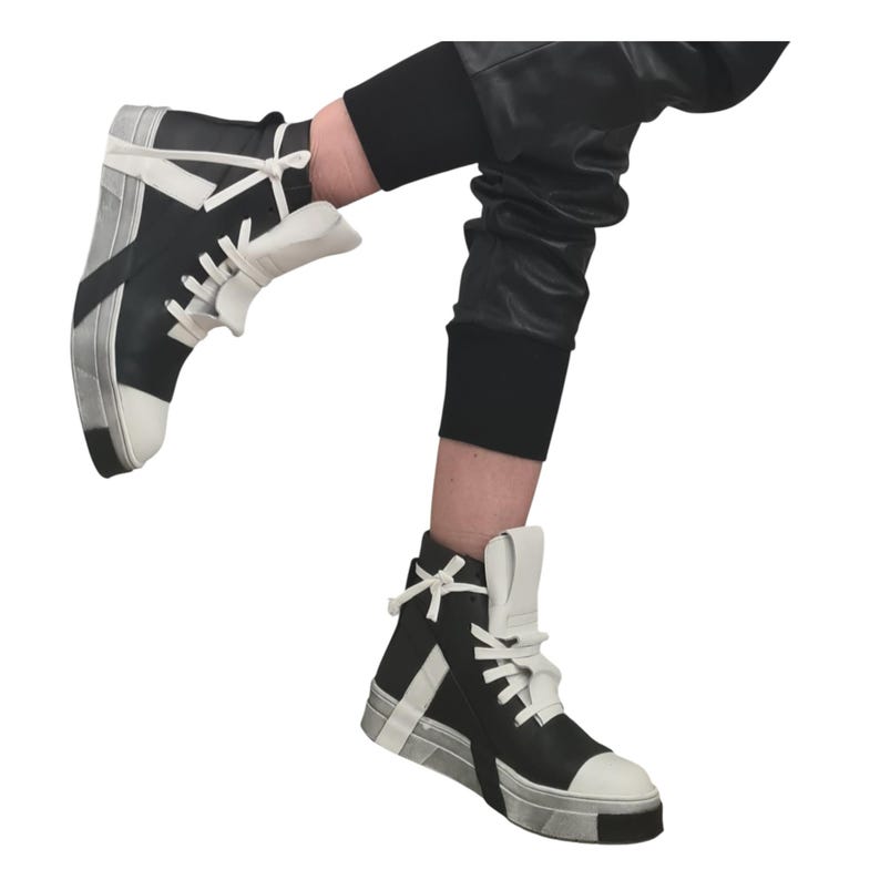 Black White Leather High Top Sneakers, Lace up Platform Shoes, Handmade ...