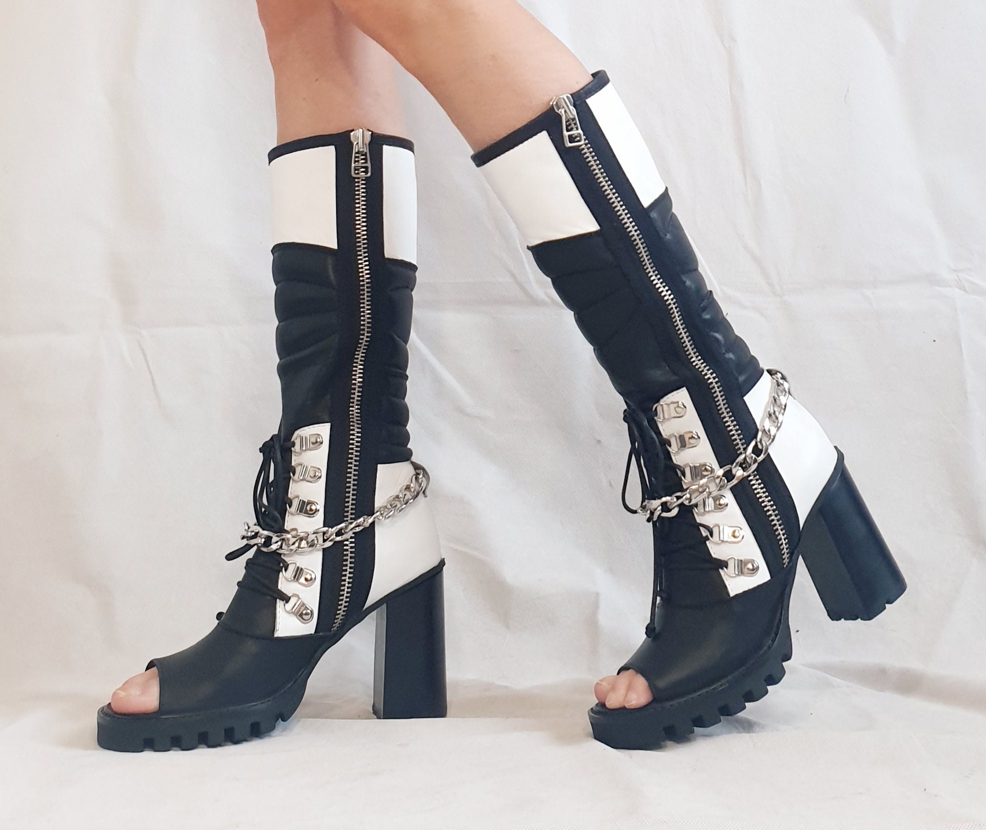 Rock Heeled Black White Leather Boots Gothic Boots Gladiator - Etsy