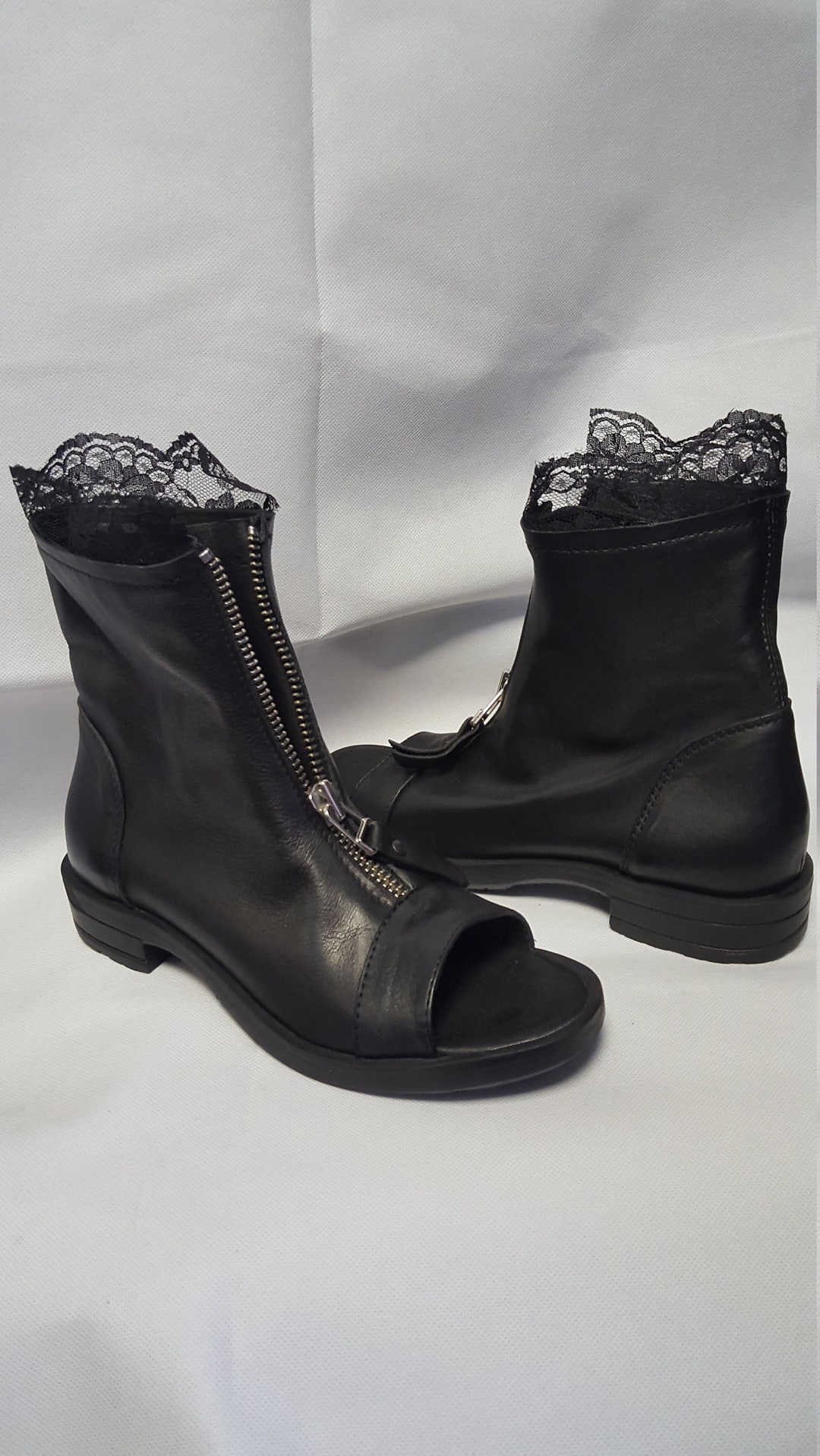 Black Leather Ankle Shoes, Lace Summer Boots, Gothic Boots, Open Toes ...