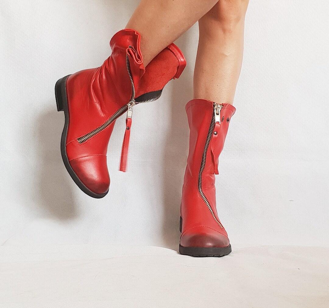 Women Red Shoes Leather Shoes Red Booties Extravagant - Etsy