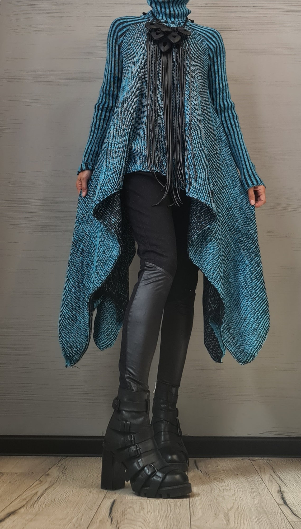 Turquoise Knitted Wool Blend Turtleneck Top, Asymmetric Blouse - Etsy