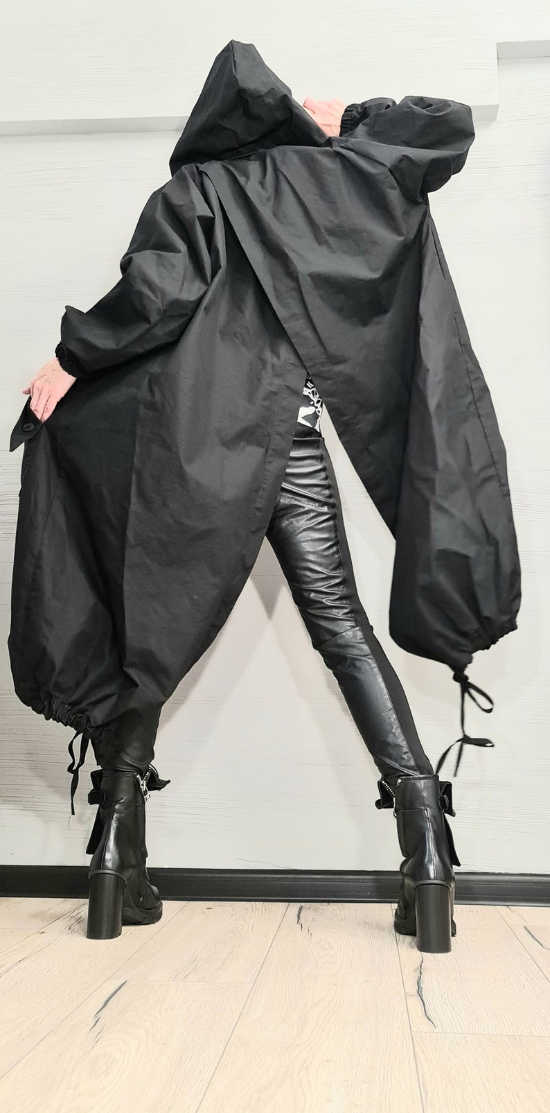 Asymmetrical Hooded Jacket, Black Gothic Trench Coat, Extravagant Long ...