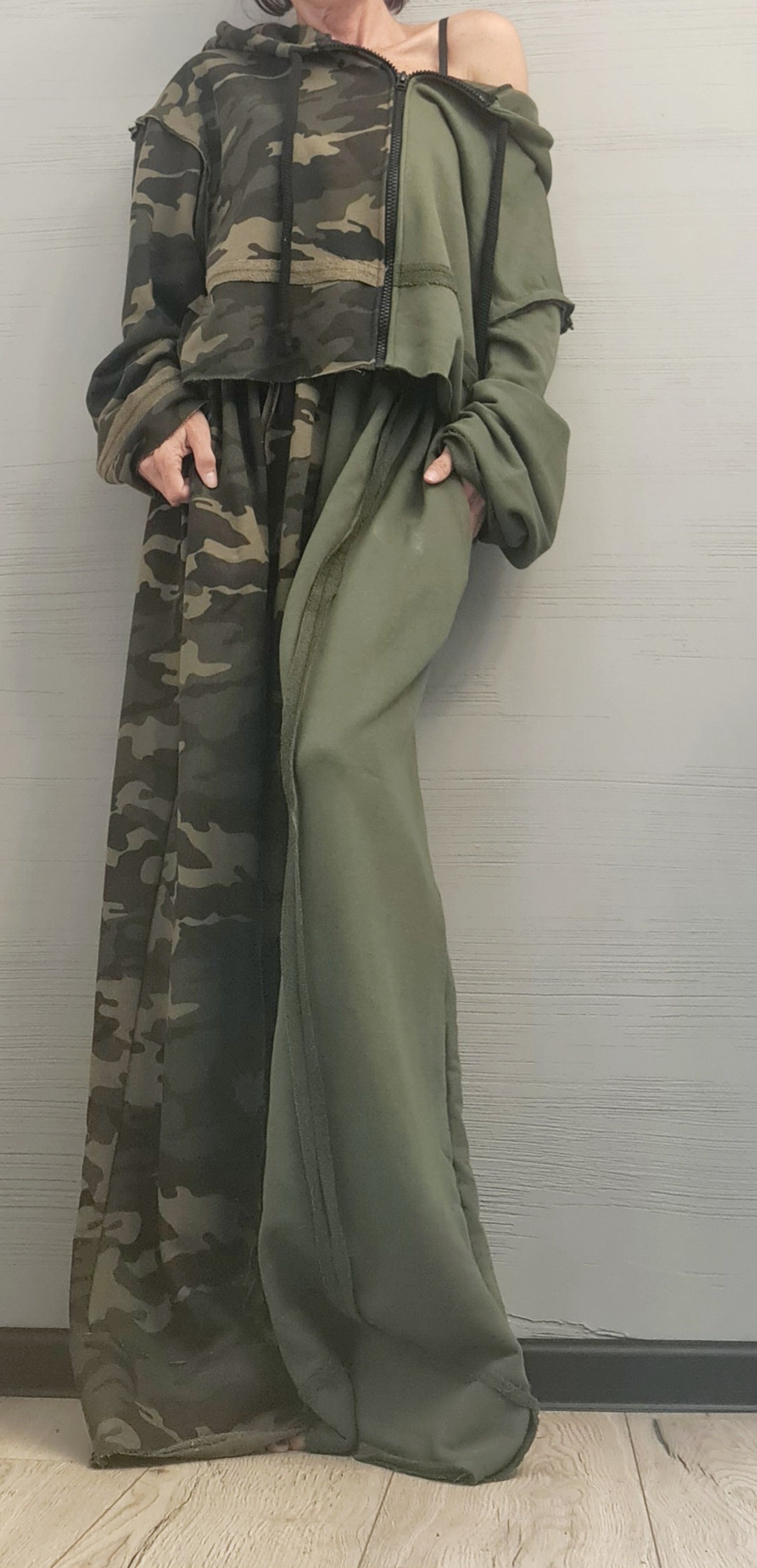 Military Cotton Women's Set, Extravagant Hooded Sweatshirt and Wide Leg ...