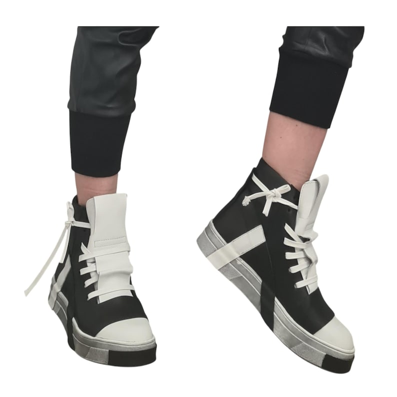 Black White Leather High Top Sneakers, Lace up Platform Shoes, Handmade ...