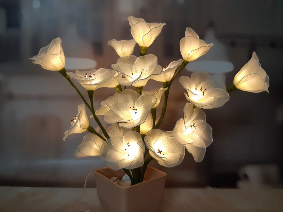 Off White Cherry Blossom Flower Lamp Battery Sakura Artificial Nylon ...