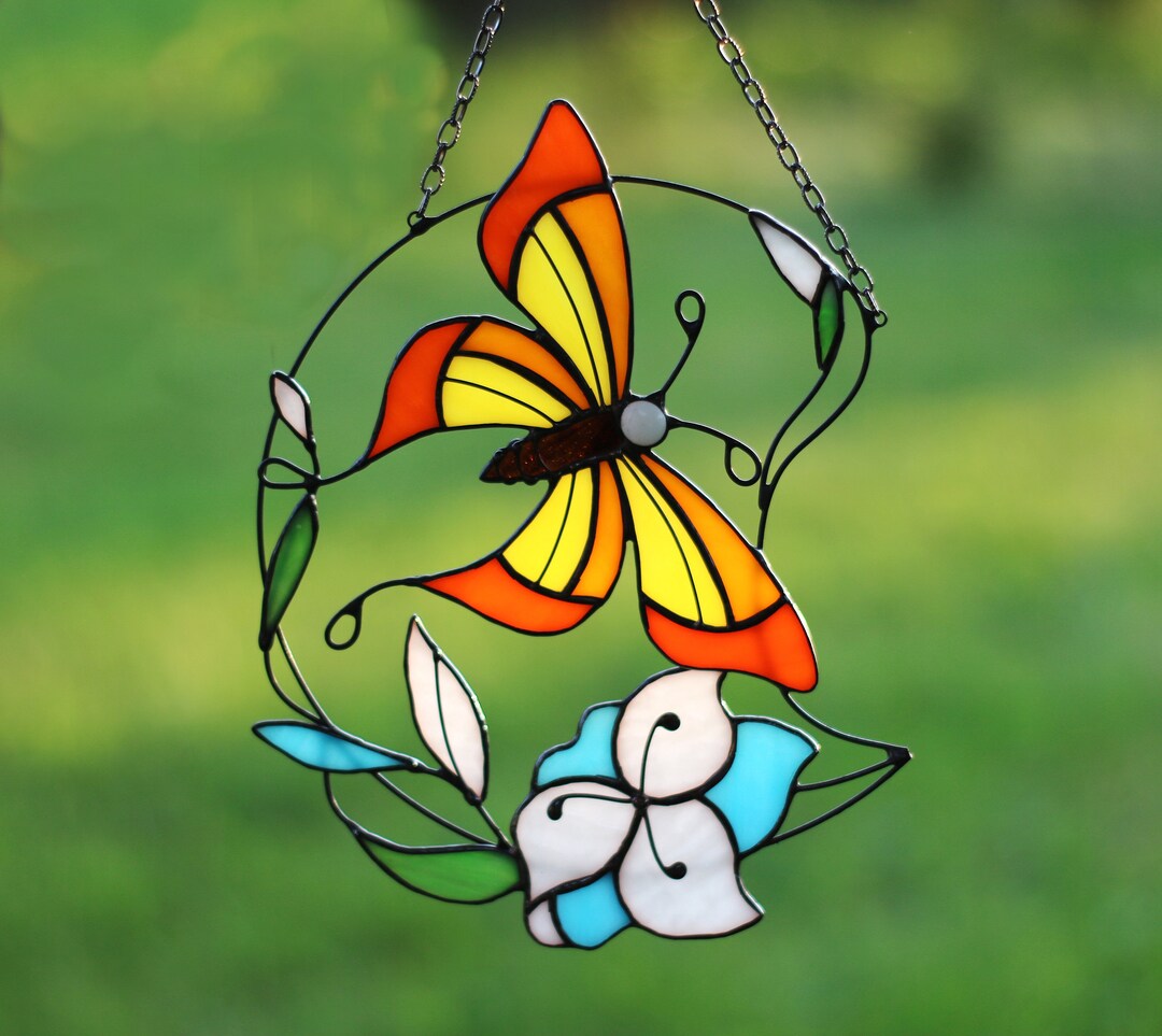 Butterfly With Flowers Window Hangings Stained Glass Art Suncatcher ...
