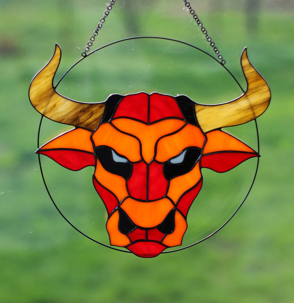Bull Stained Glass Art Suncatcher Window Hangings Panel Handmade Home ...