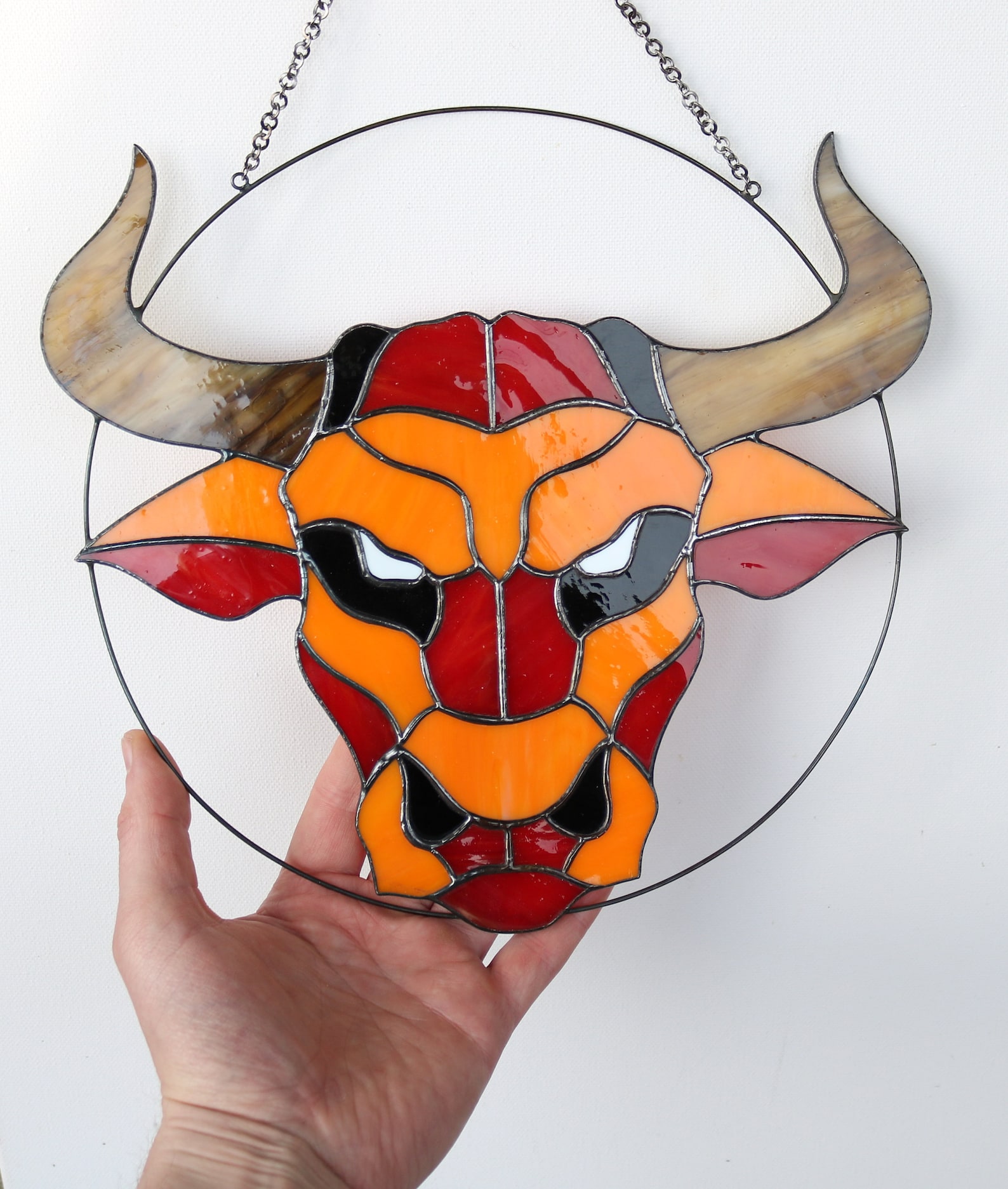 Bull Stained Glass Art Suncatcher Window Hangings Panel Handmade Home ...