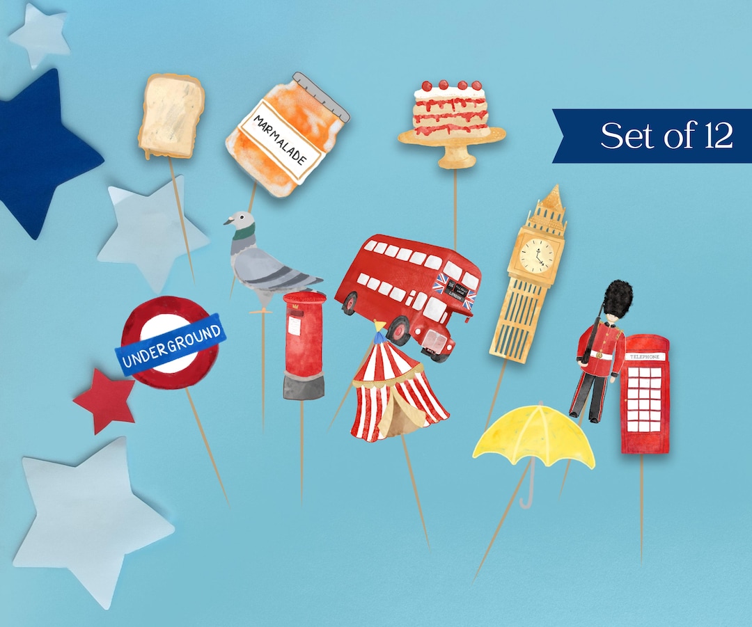 Set of 12 London Theme Cake Toppers, Cupcake Toppers, London Tea Party ...