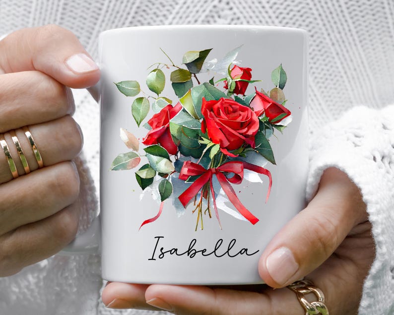 Rose Personalized Mug, Custom Red Rose Name Mug, Rose Coffee Cup, Rose ...