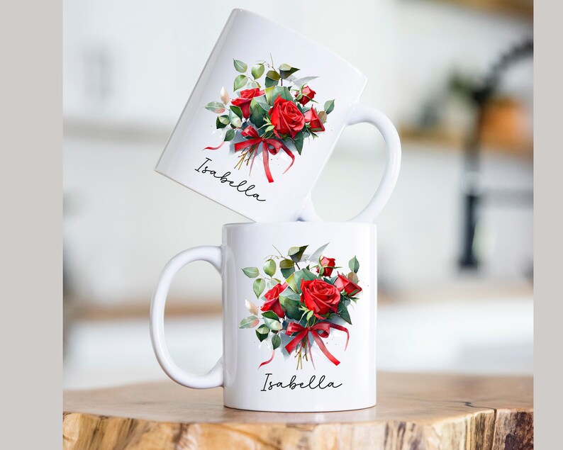 Rose Personalized Mug, Custom Red Rose Name Mug, Rose Coffee Cup, Rose ...