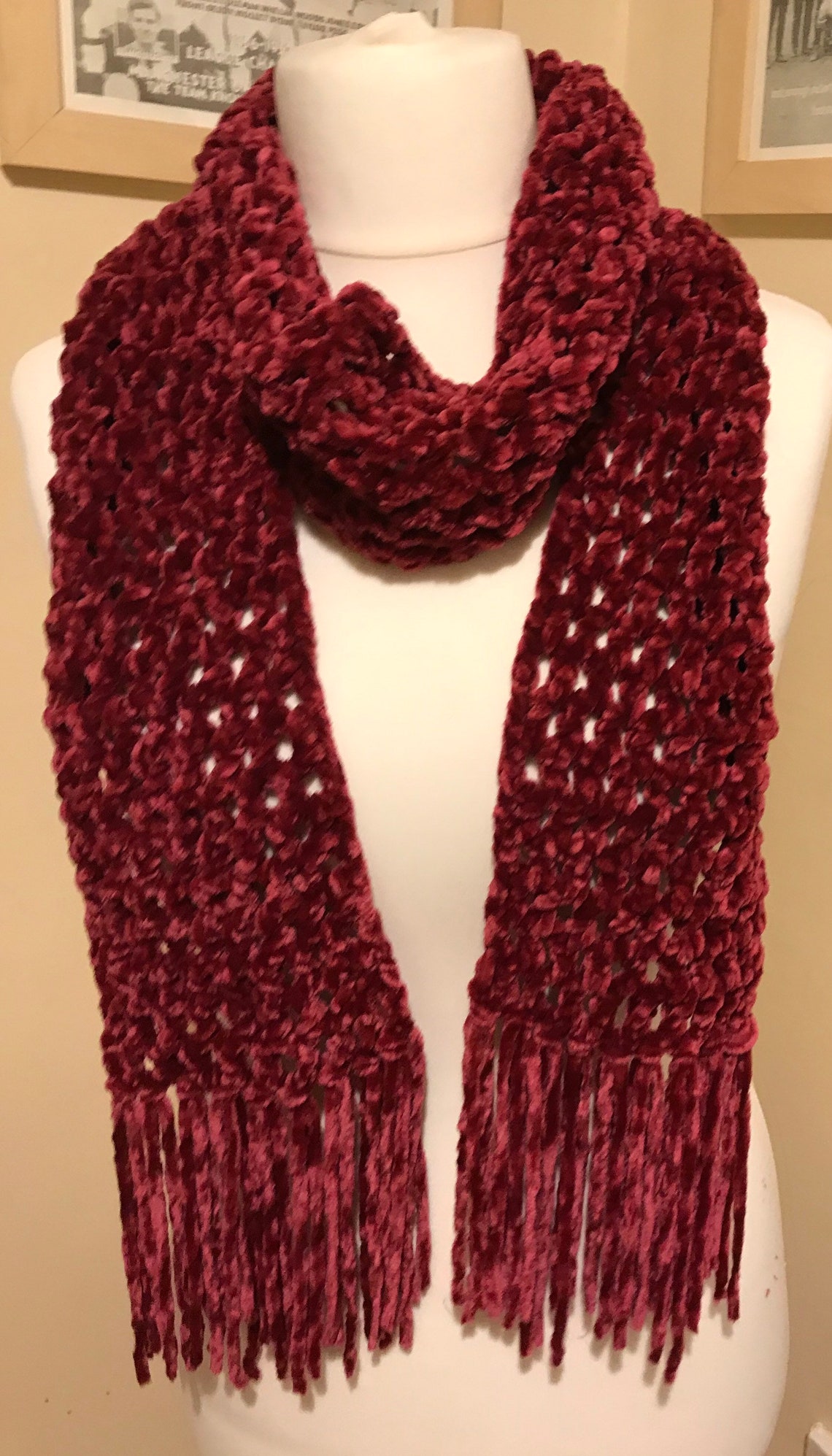 Hand Crocheted Long Chenille Scarf - Etsy UK