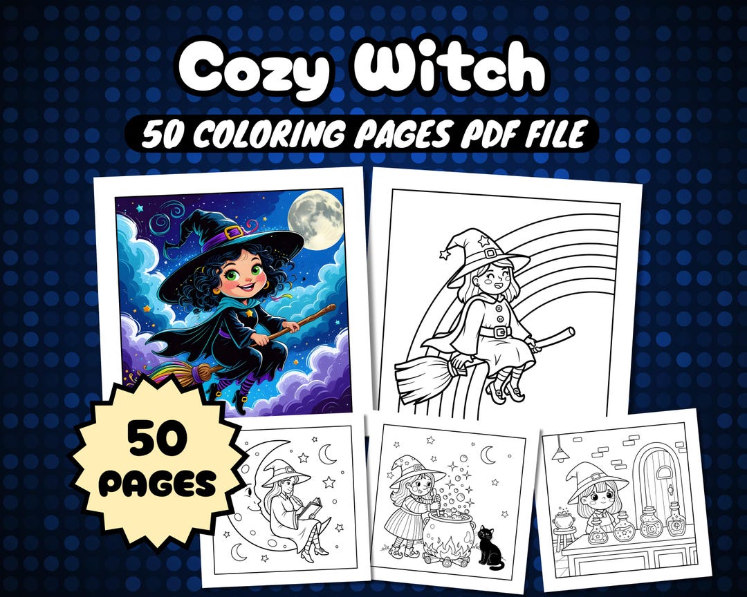 Cozy Witch Coloring Book: 50 Digital Pages PDF | Fun Printable Activity ...