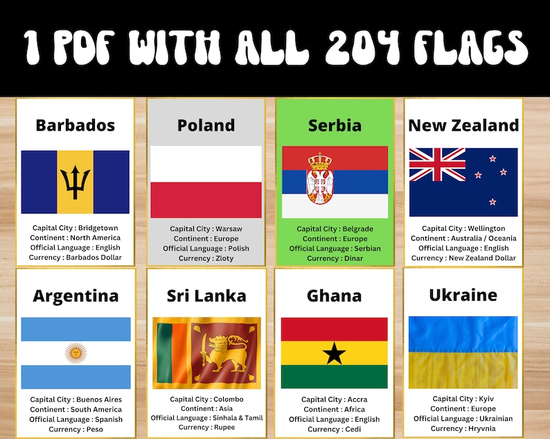 All 204 Country Flags Flash Cards Instant Download World - Etsy