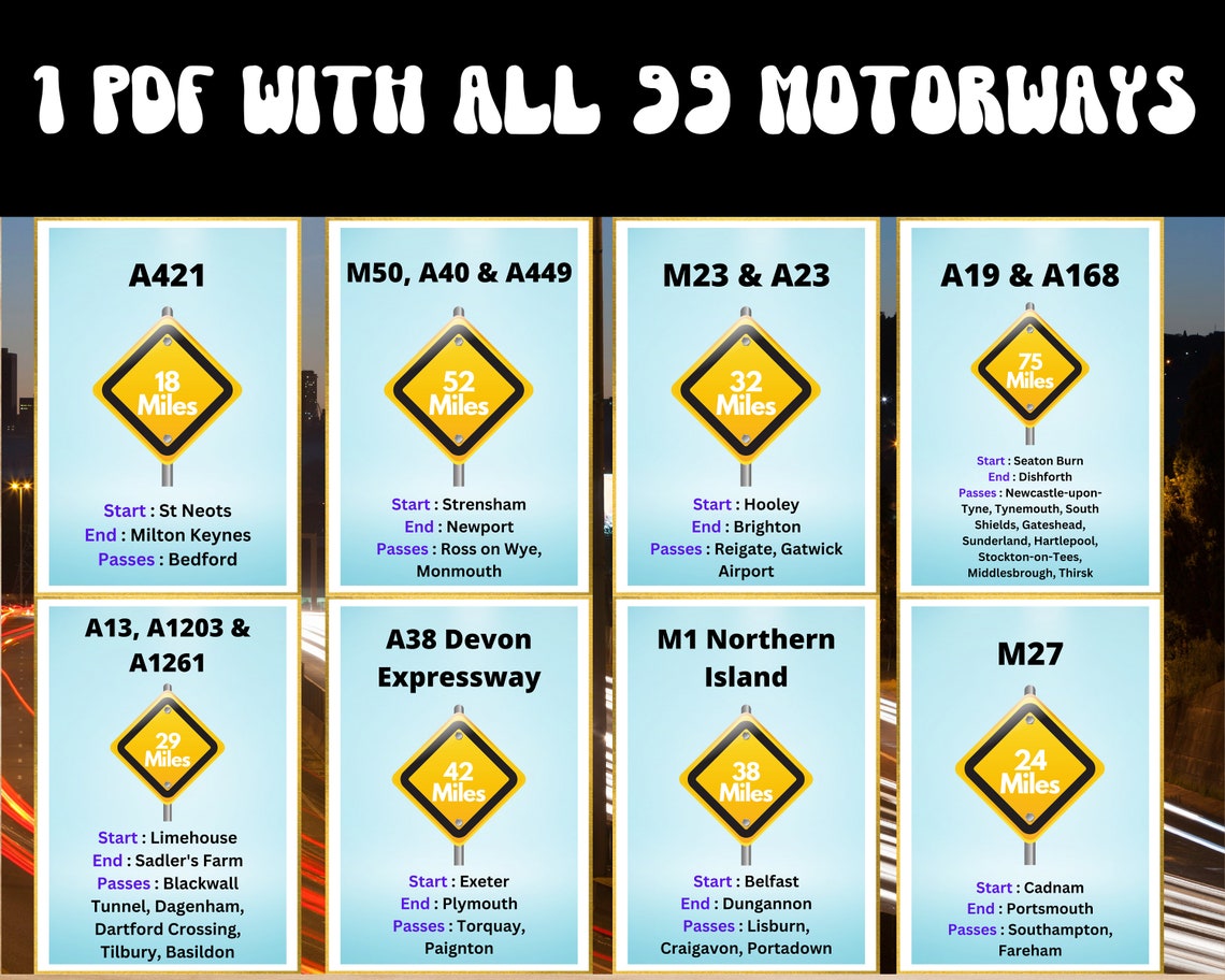 All 99 UK Motorways Flash Cards | Instant Download | Motorway Printable ...