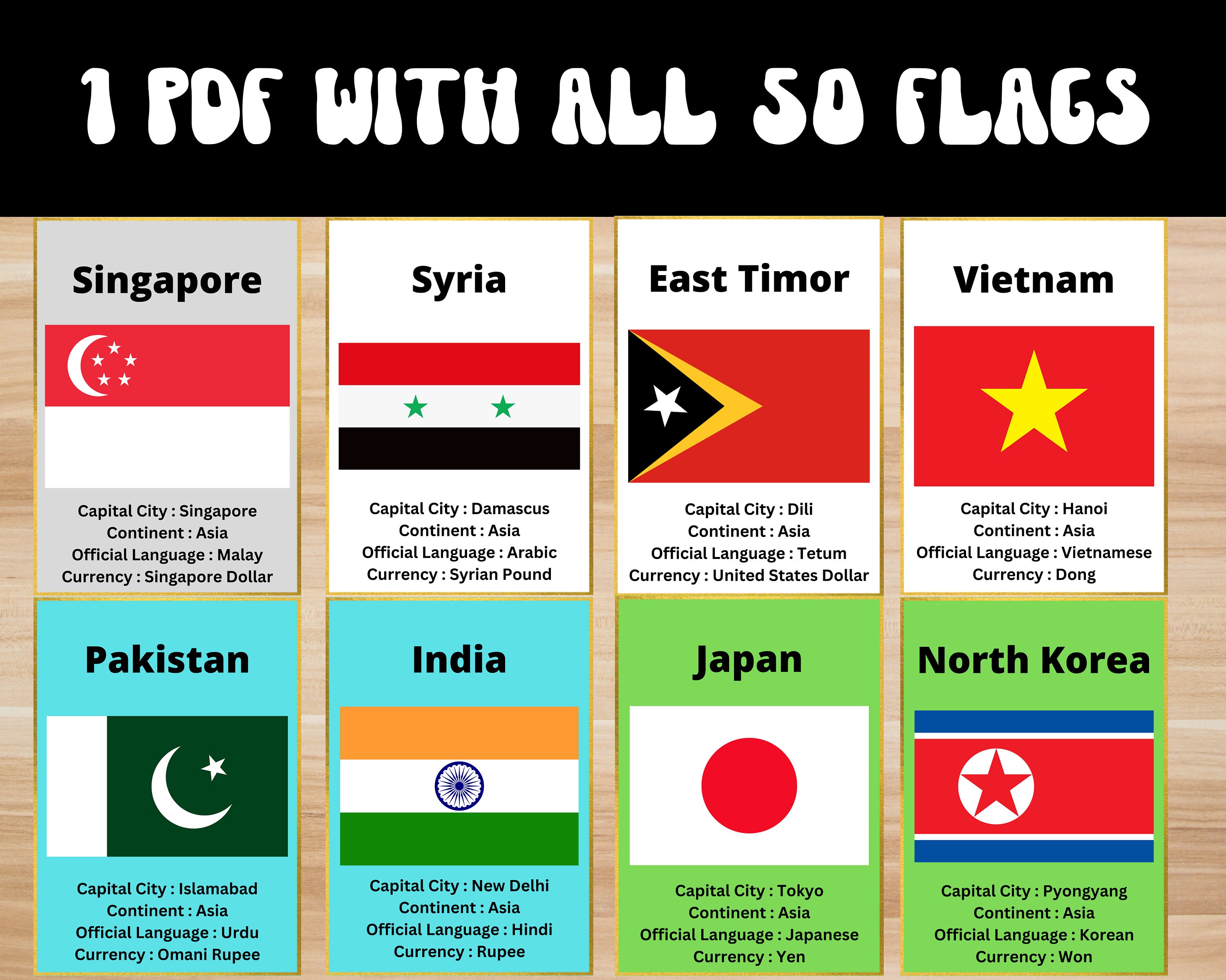 All 50 Asia Country Flags Flash Cards Instant Download - Etsy UK